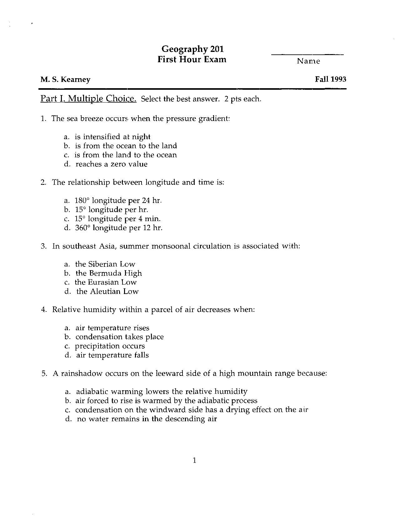 Geography Environment Systems Exam 1993 Geog 201 Docsity