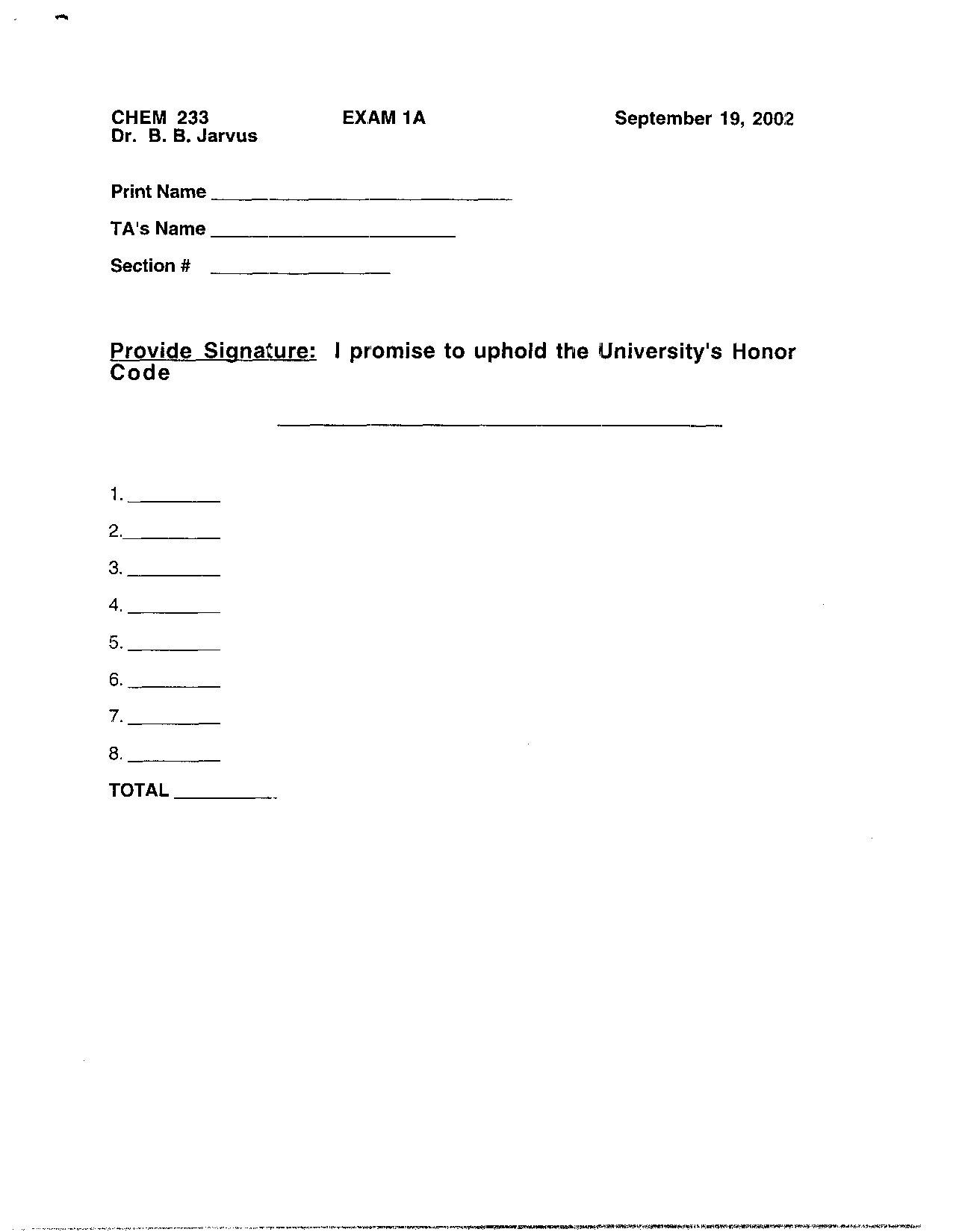 Exam 1 Organic Chemistry I 2002 Chem 231 Docsity