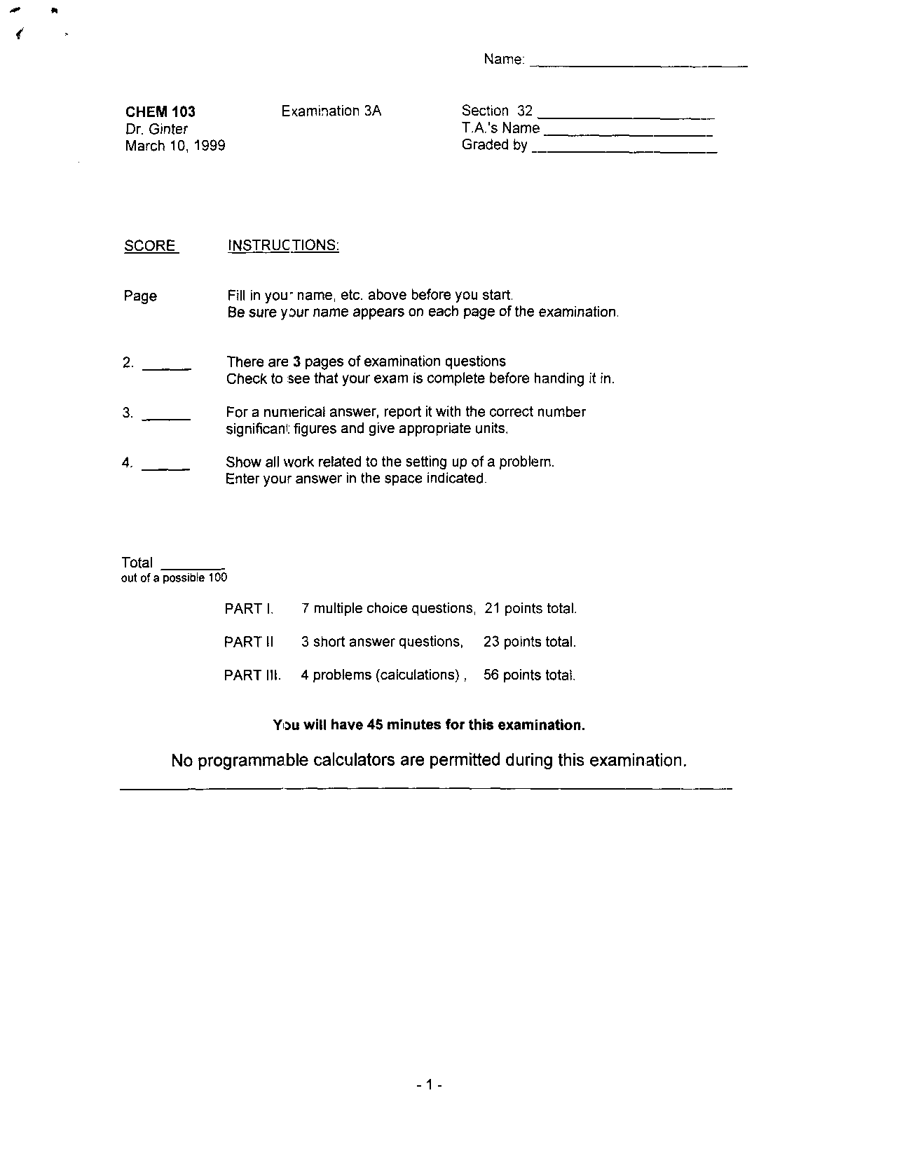 Examination 3A with Questions - Chemistry Fundamentals I - 1999 | CHEM ...