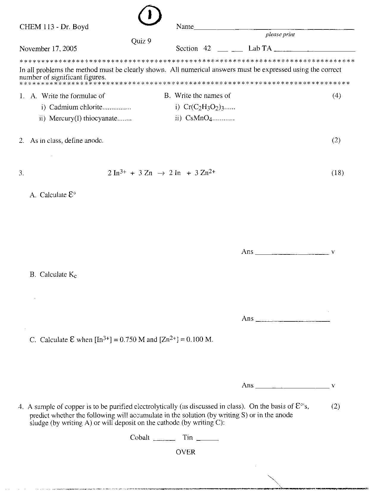4 Problems on General Chemistry I - Quiz 9 | CHEM 113 - Docsity
