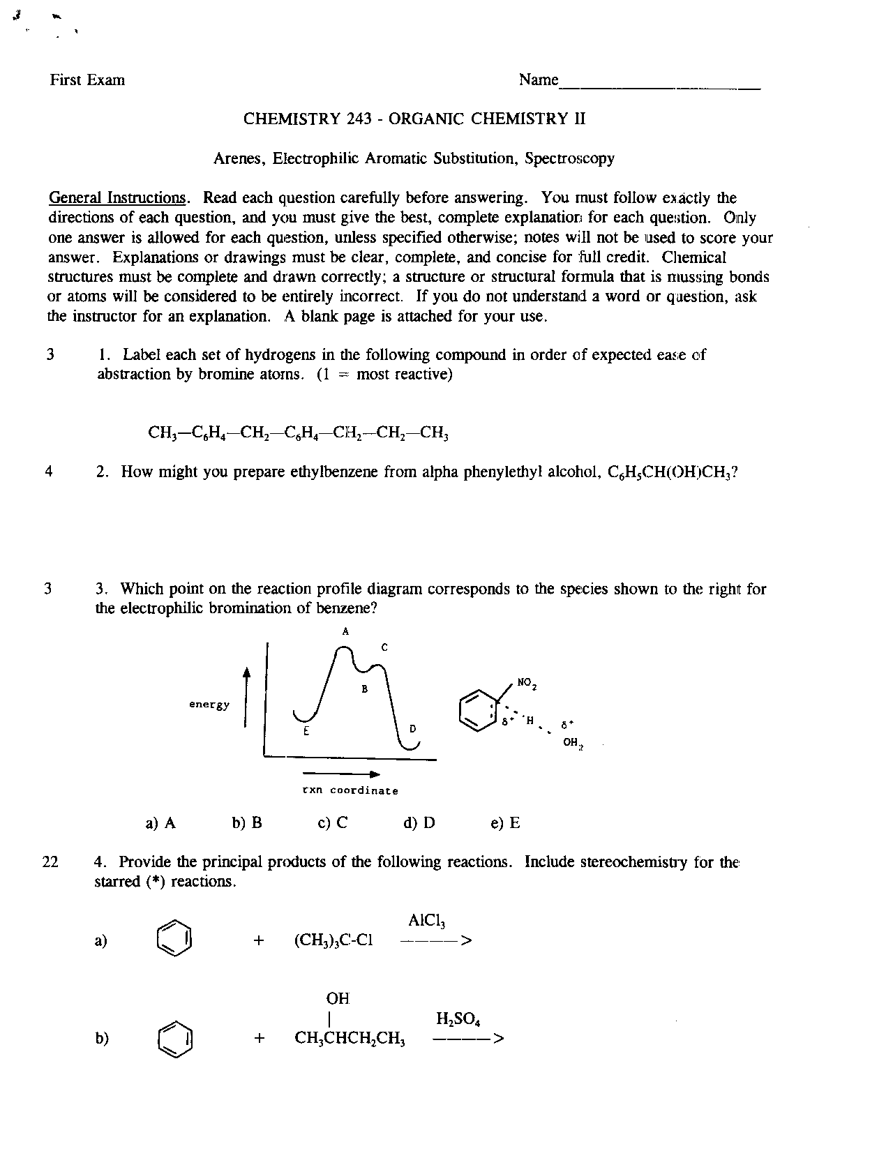 First Exam 1 for Organic Chemistry II | CHEM 241 - Docsity