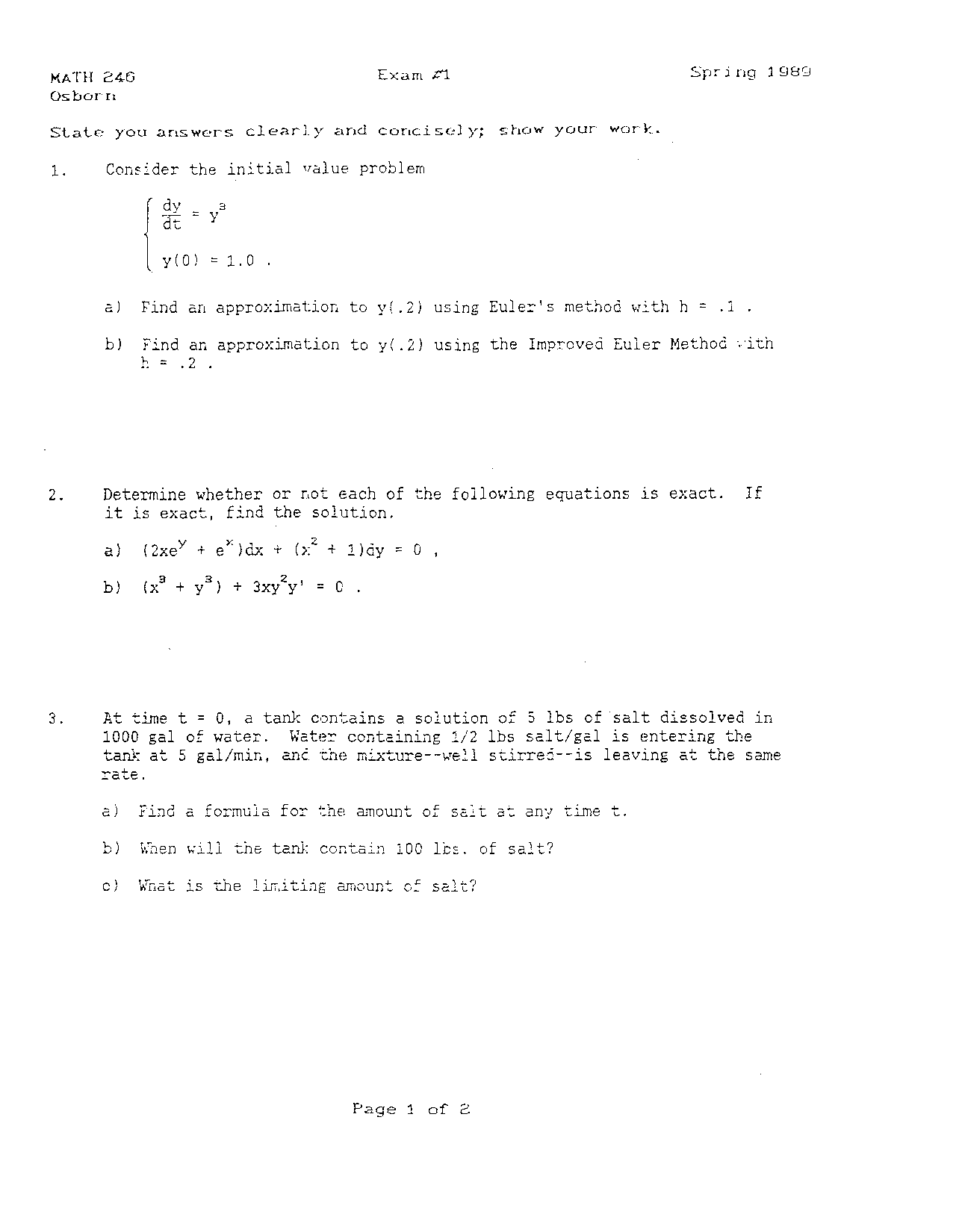 Practice Exam 1 On Differential Equations For Scientist And Engineers Math 246 Docsity