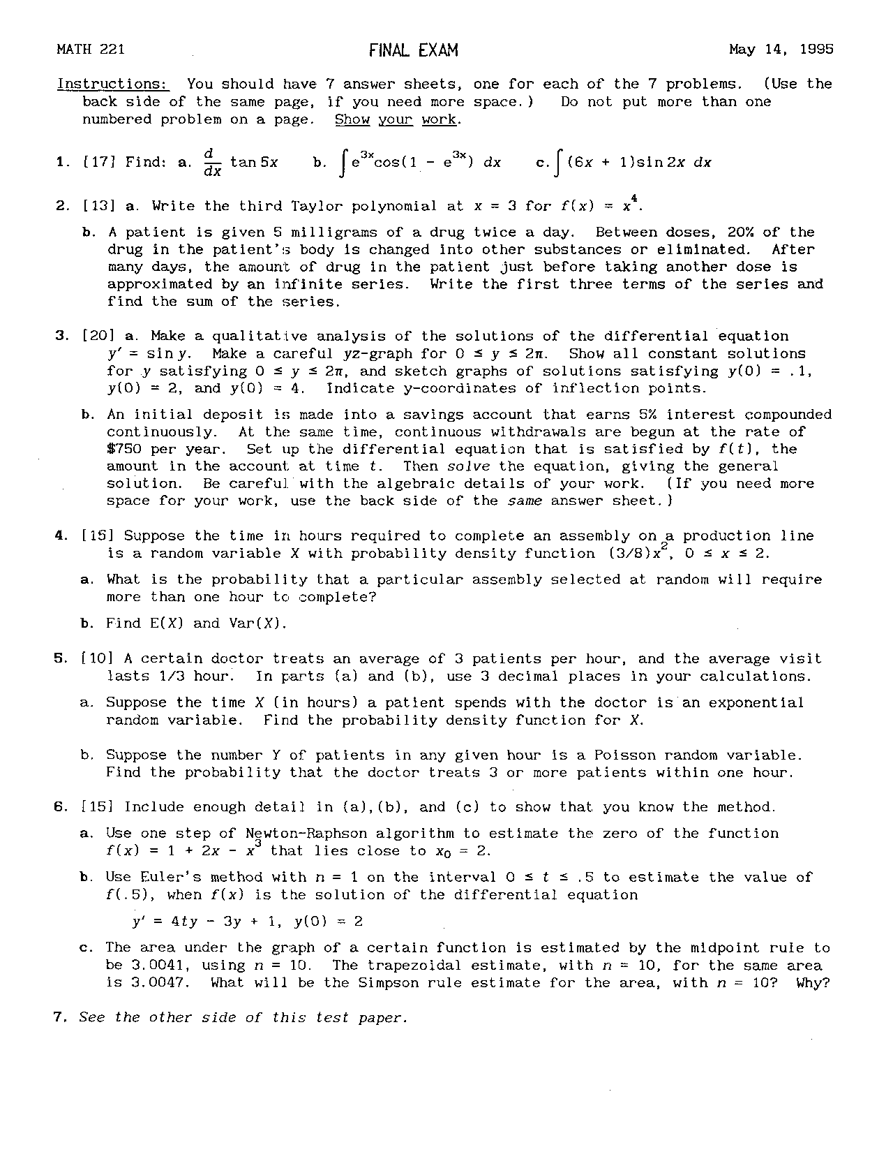 Final Exam With 7 Questions Elementary Calculus Ii 1995 Math 221