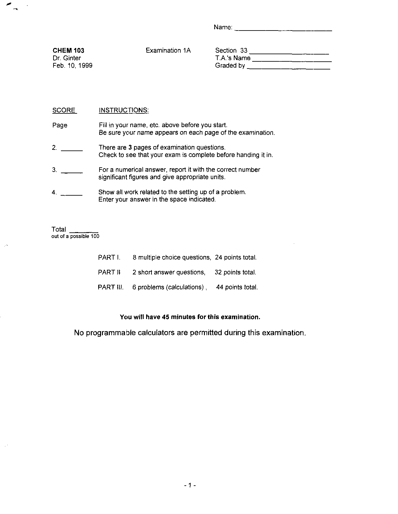 Questions With Answers Chemistry Fundamentals I Examination 1