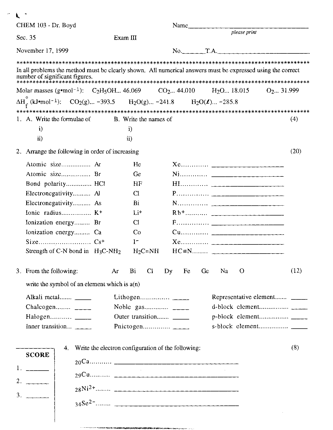 Unsolved Exam 3 Chemistry Fundamentals I Chem 131 Docsity