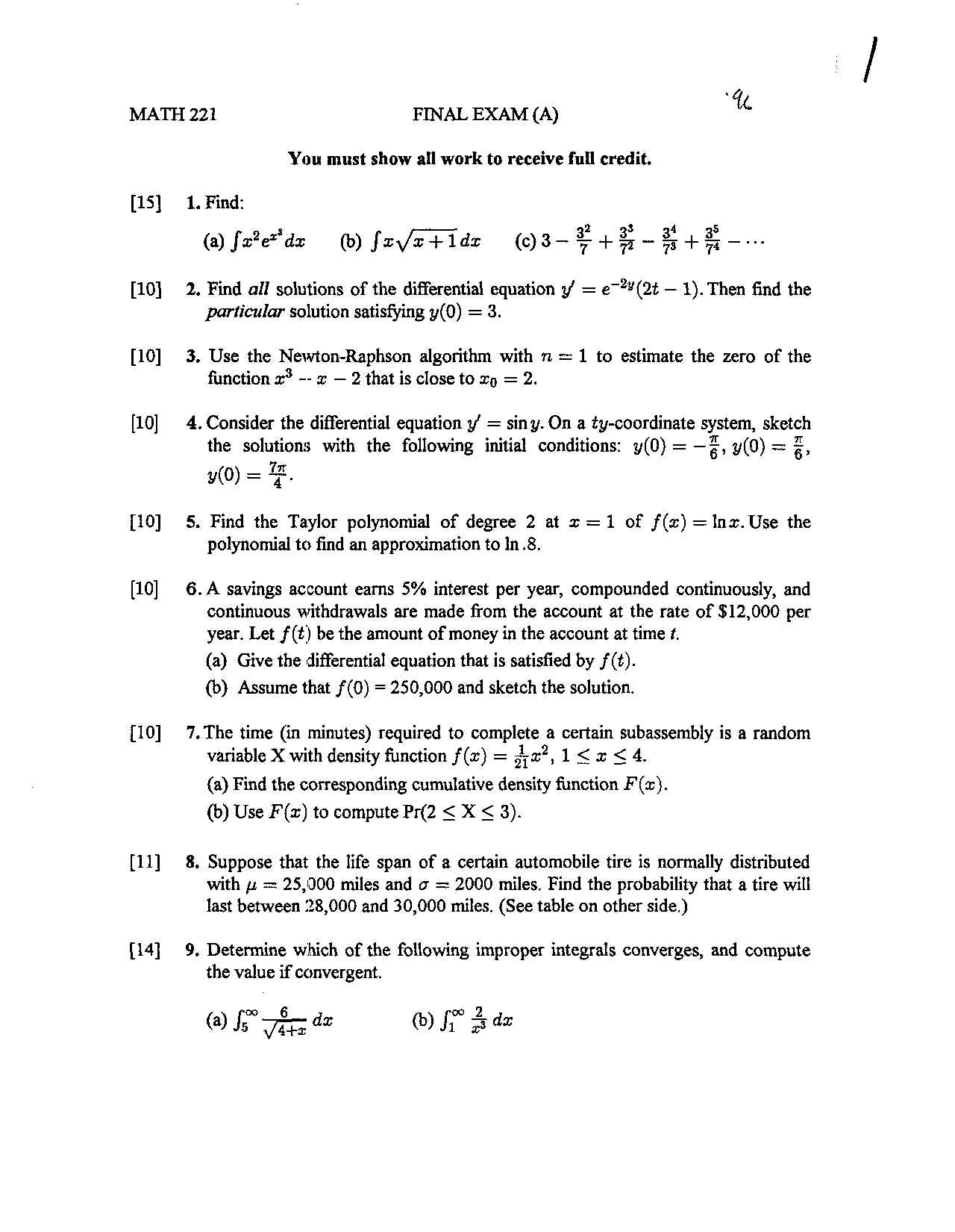 Final Exam A Elementary Calculus Ii Math 221 Docsity