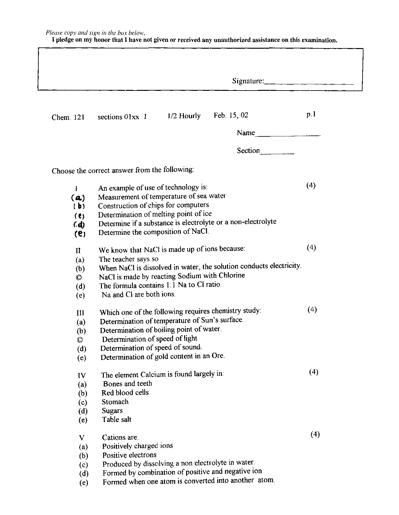 Exam 2 With 11 Questions Chemistry Fundamentals I Chem 131 Docsity