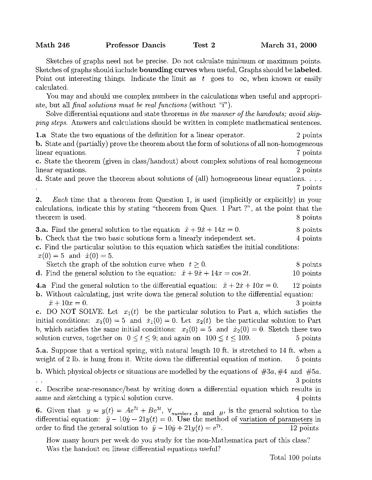 Test 2 Questions Differential Equations For Engineers And Scientists