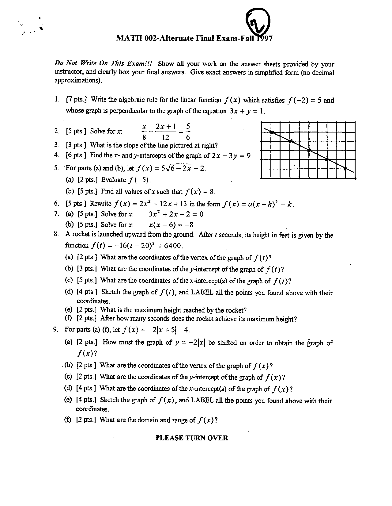 Alternate Final Exam On Developmental Analysis Math 003 Docsity