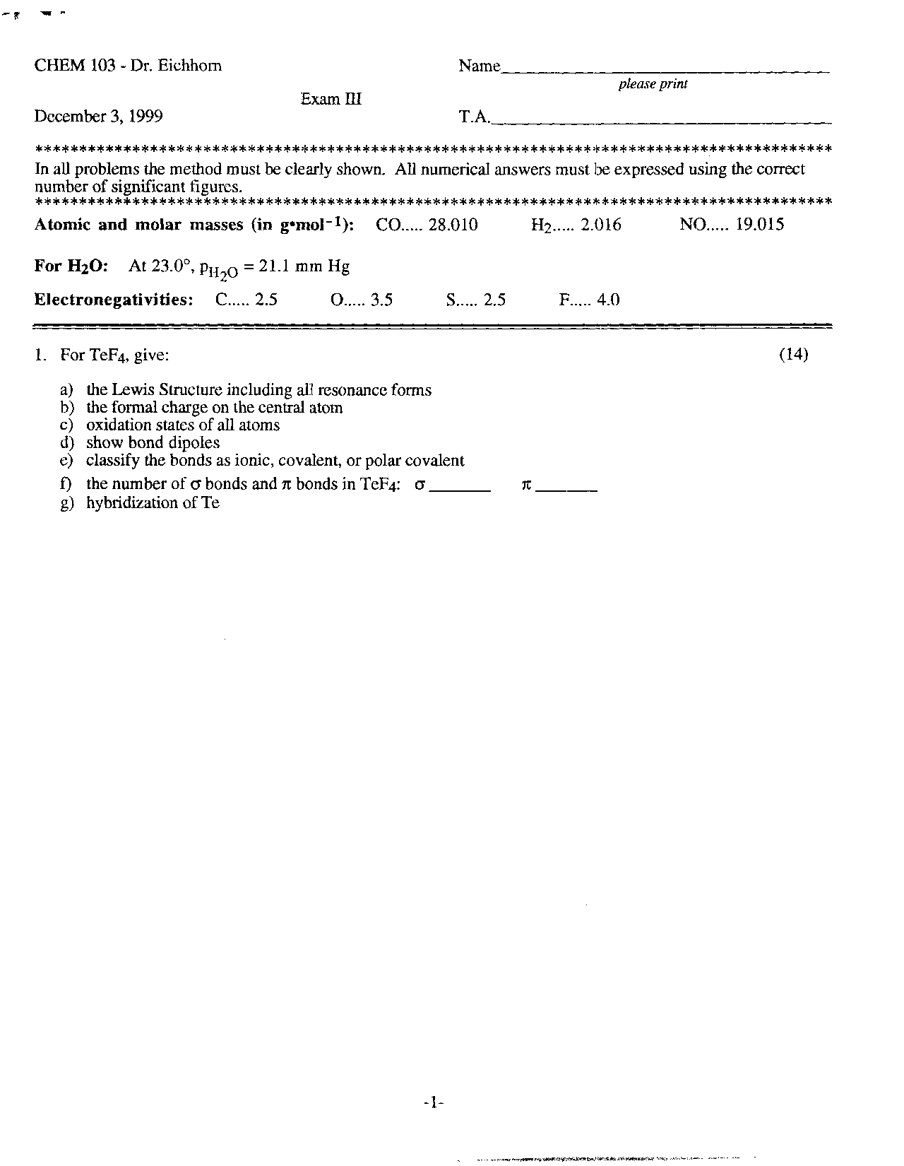 Exam 3 For Fundamentals Of Chemistry I Chem 131 Docsity