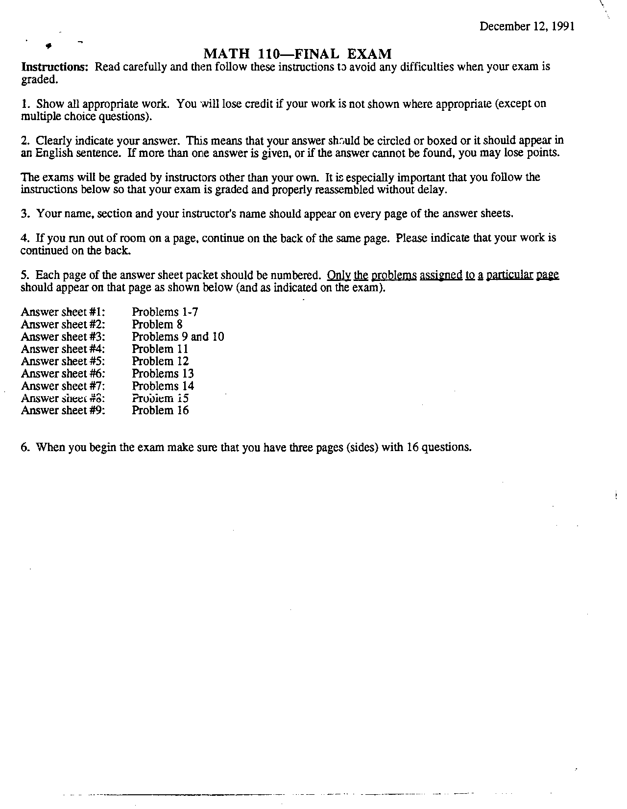 Final Exam For Elementary Mathematical Models Math 110 Docsity
