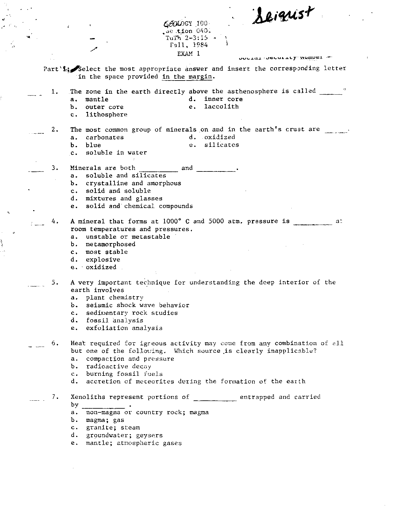 Exam 1 With 50 Questions Physical Geology Fall 1984 Geol 100