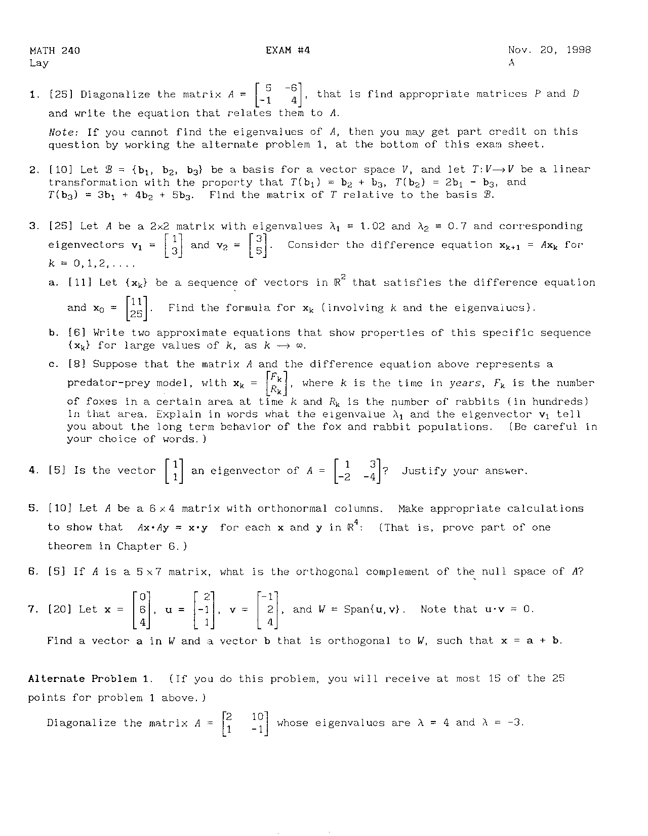 Introduction To Linear Algebra Exam 4 Math 240 Docsity