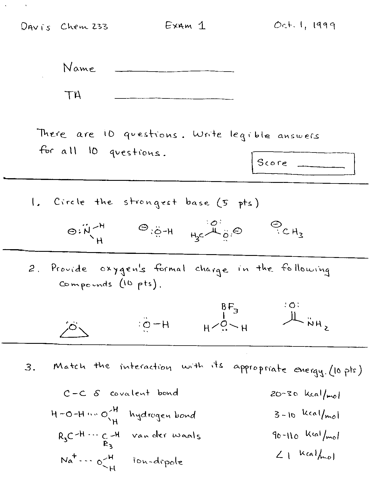 Exam 1 Solutions for Organic Chemistry I - Fall 1999 | CHEM 231 - Docsity