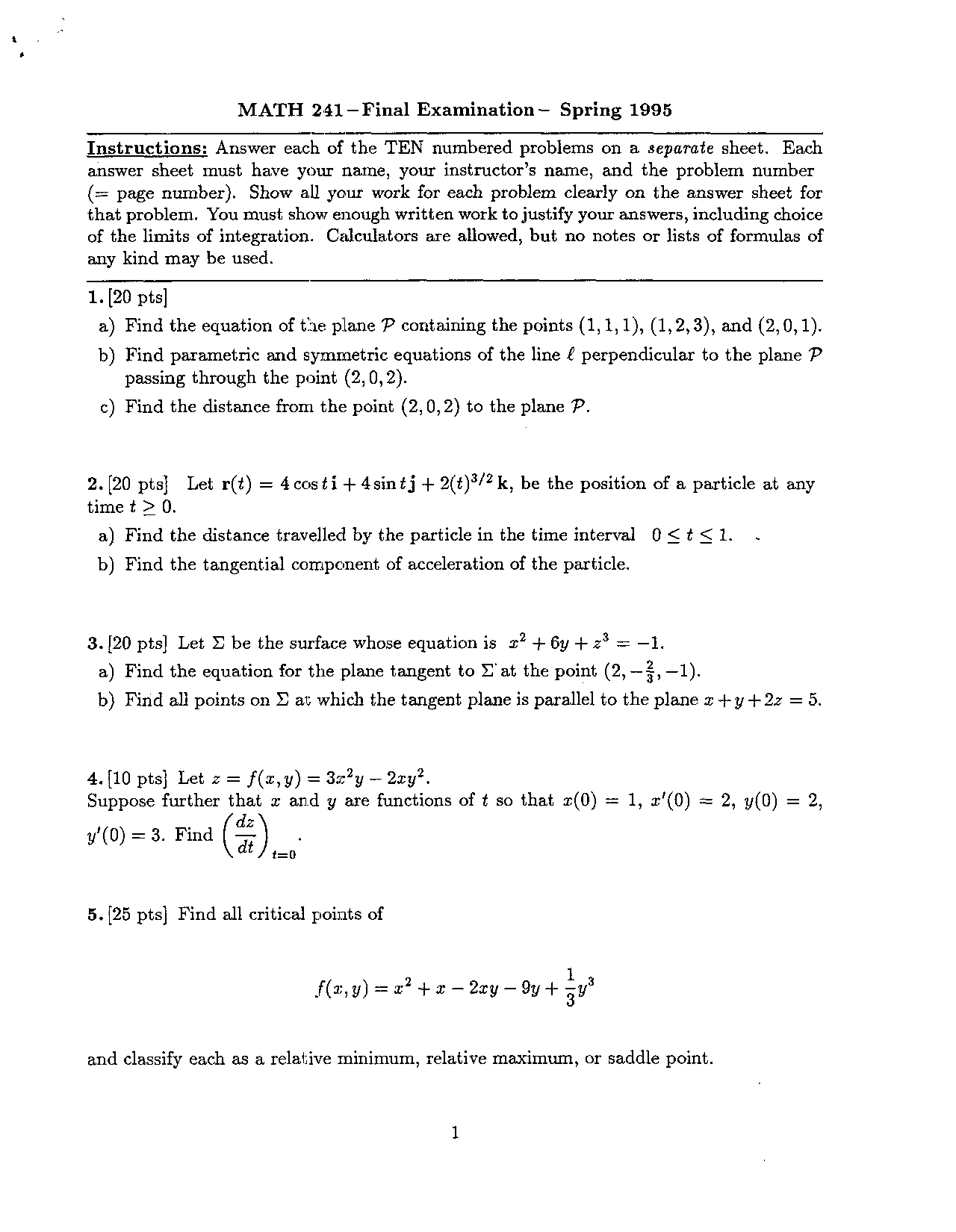 Final Examination With Questions Calculus Iii Spring 1995 Math