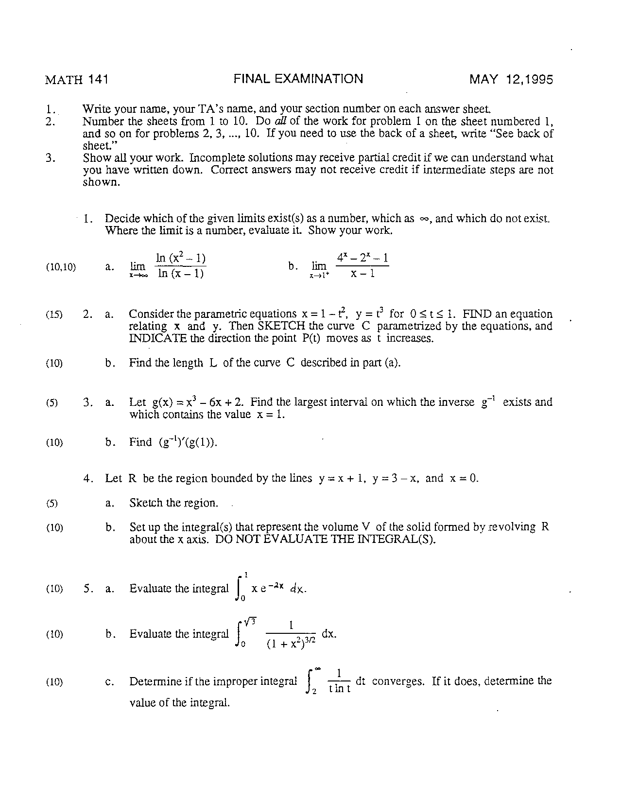 Final Examination - Calculus II | MATH 141 | Exams Calculus | Docsity