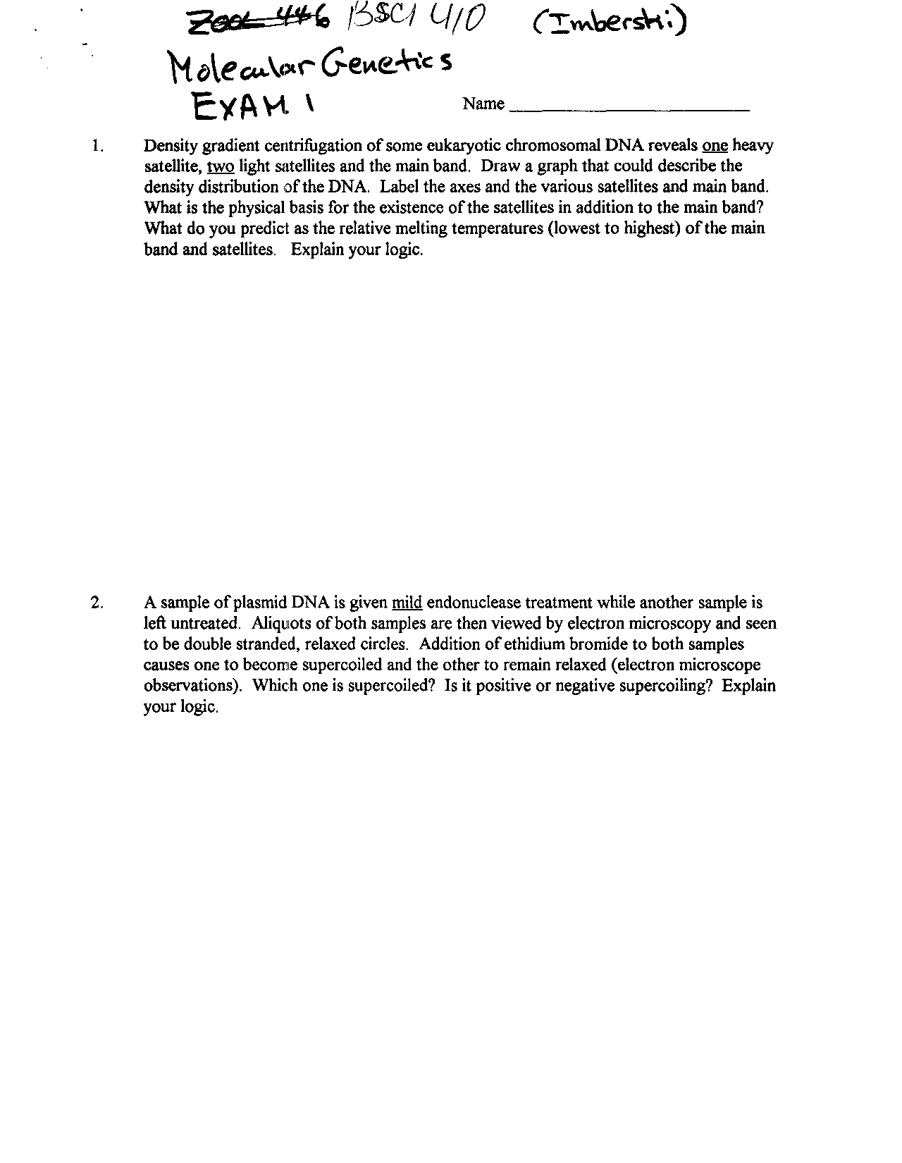 Exam 1 With 10 Unsolved Problems Molecular Genetics Bsci 410 Docsity