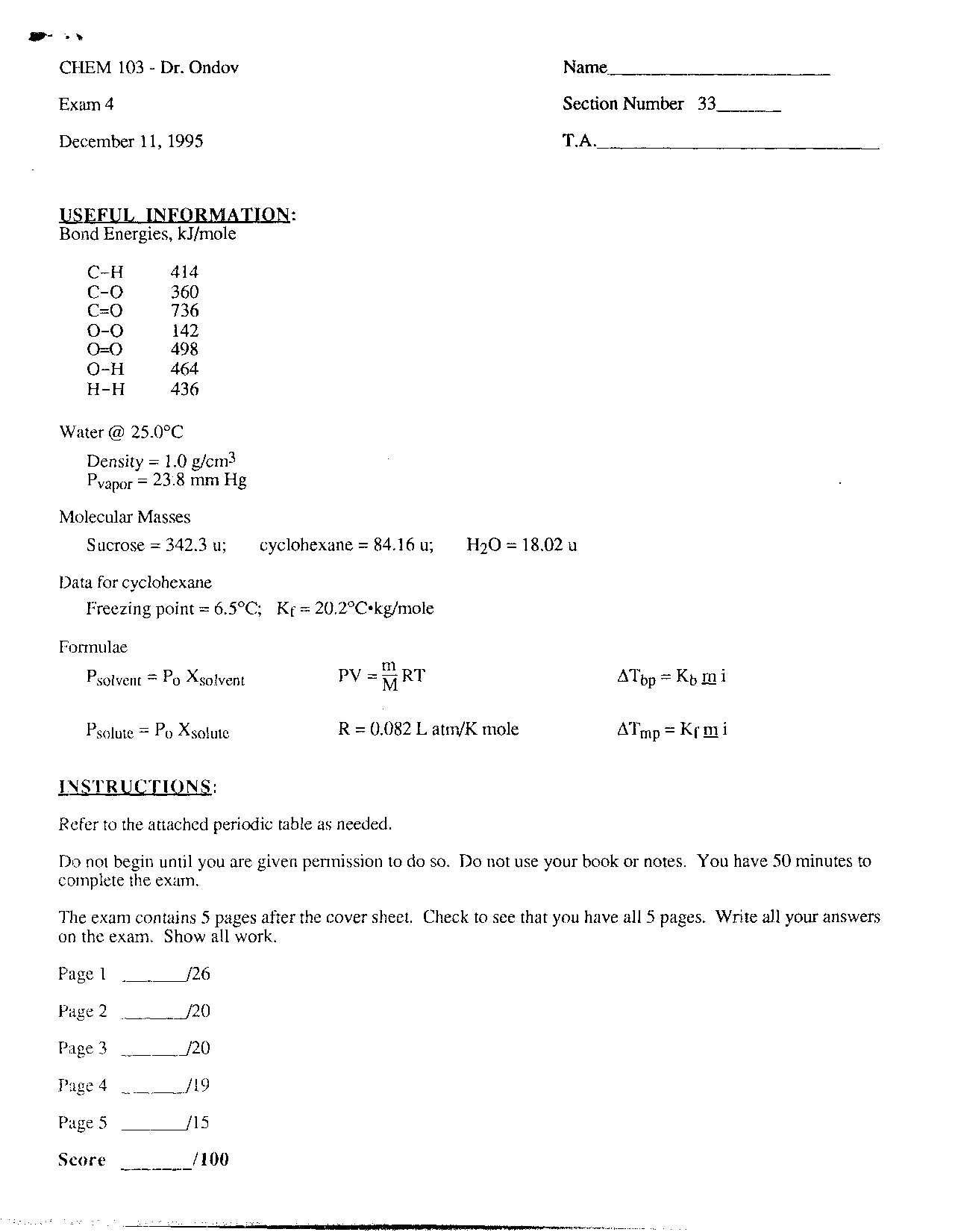 Practice Exam 4 Fundamentals Of Chemistry I Chem 131 Docsity