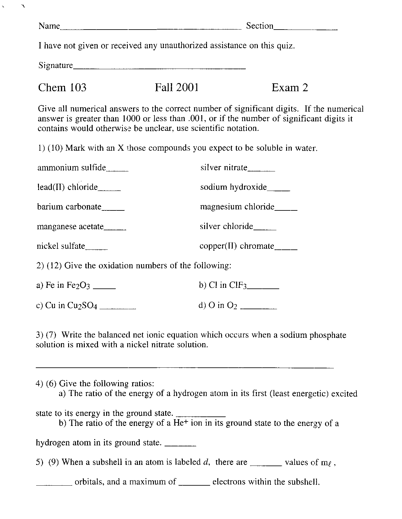 Exam 2 with 10 Questions - Chemistry Fundamentals I - Fall 2001 | CHEM ...
