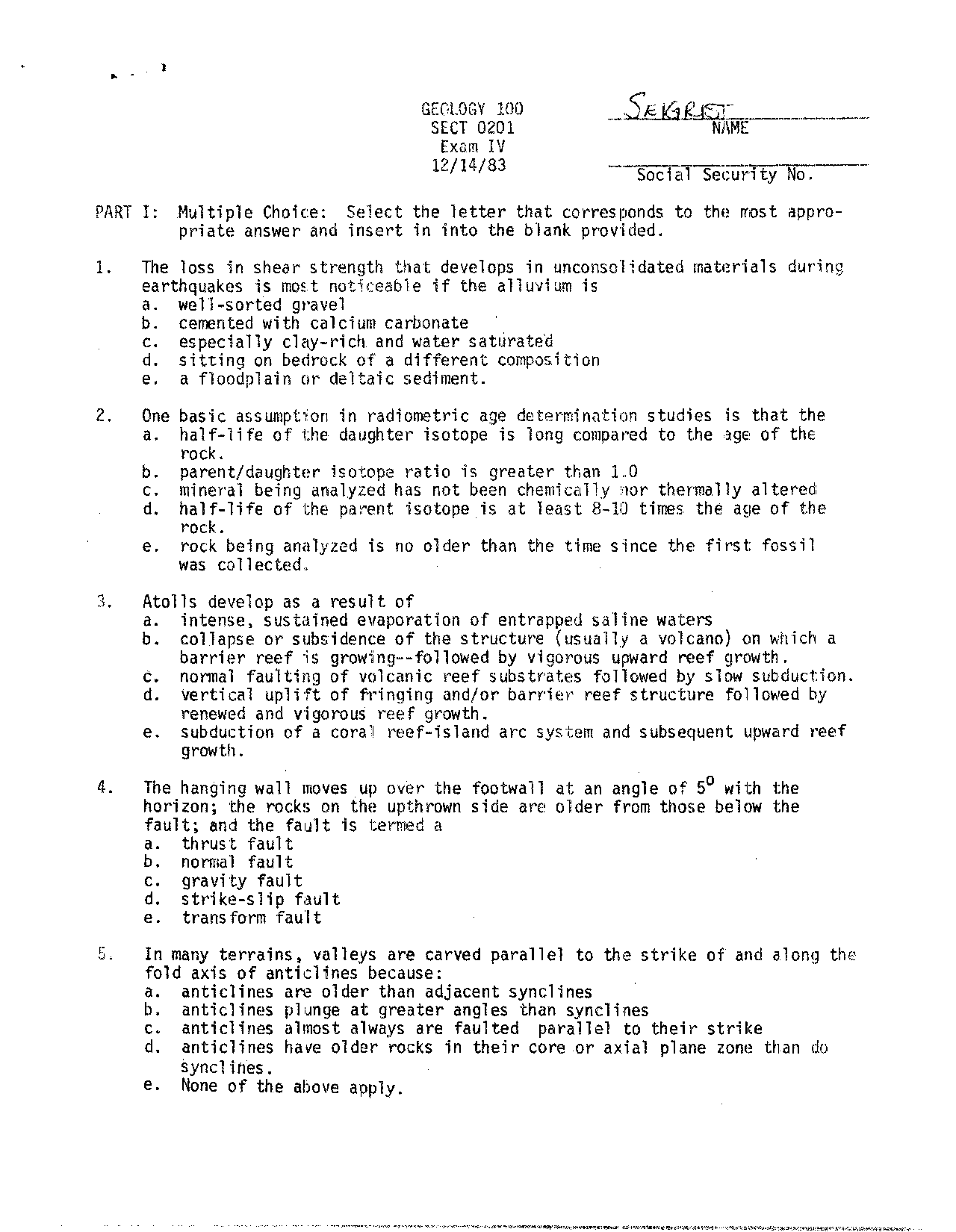 Exam 4 With Multiple Choice Questions Physical Geology Geol 100