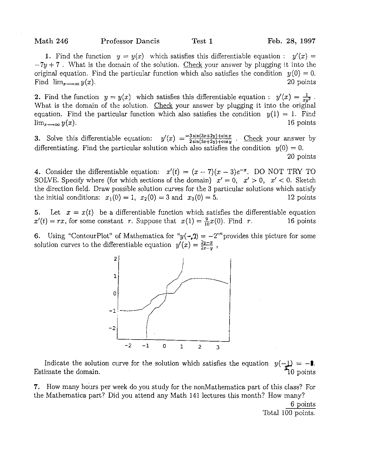 7 Questions For Test 1 Differential Equations For Scientist And
