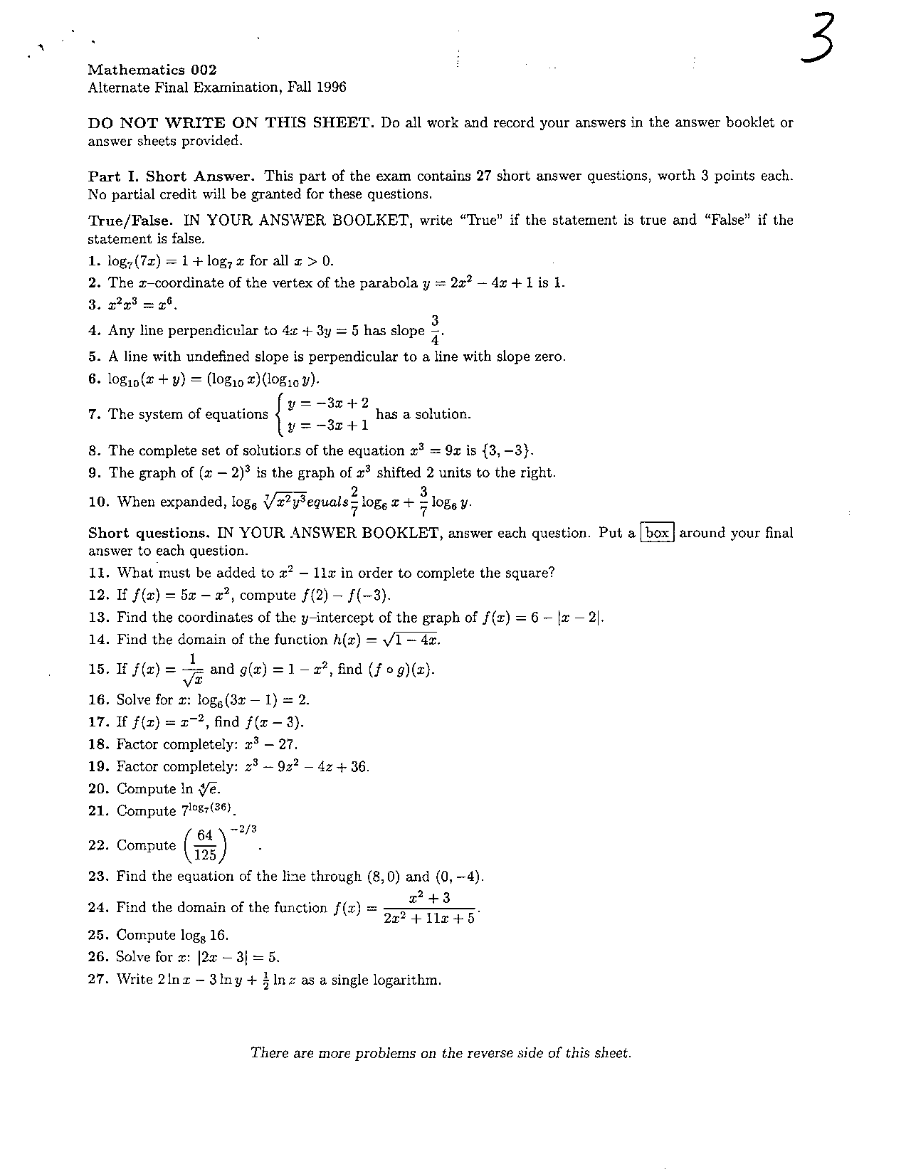 Final Exam for Advanced Review of High School Algebra | MATH 002 - Docsity