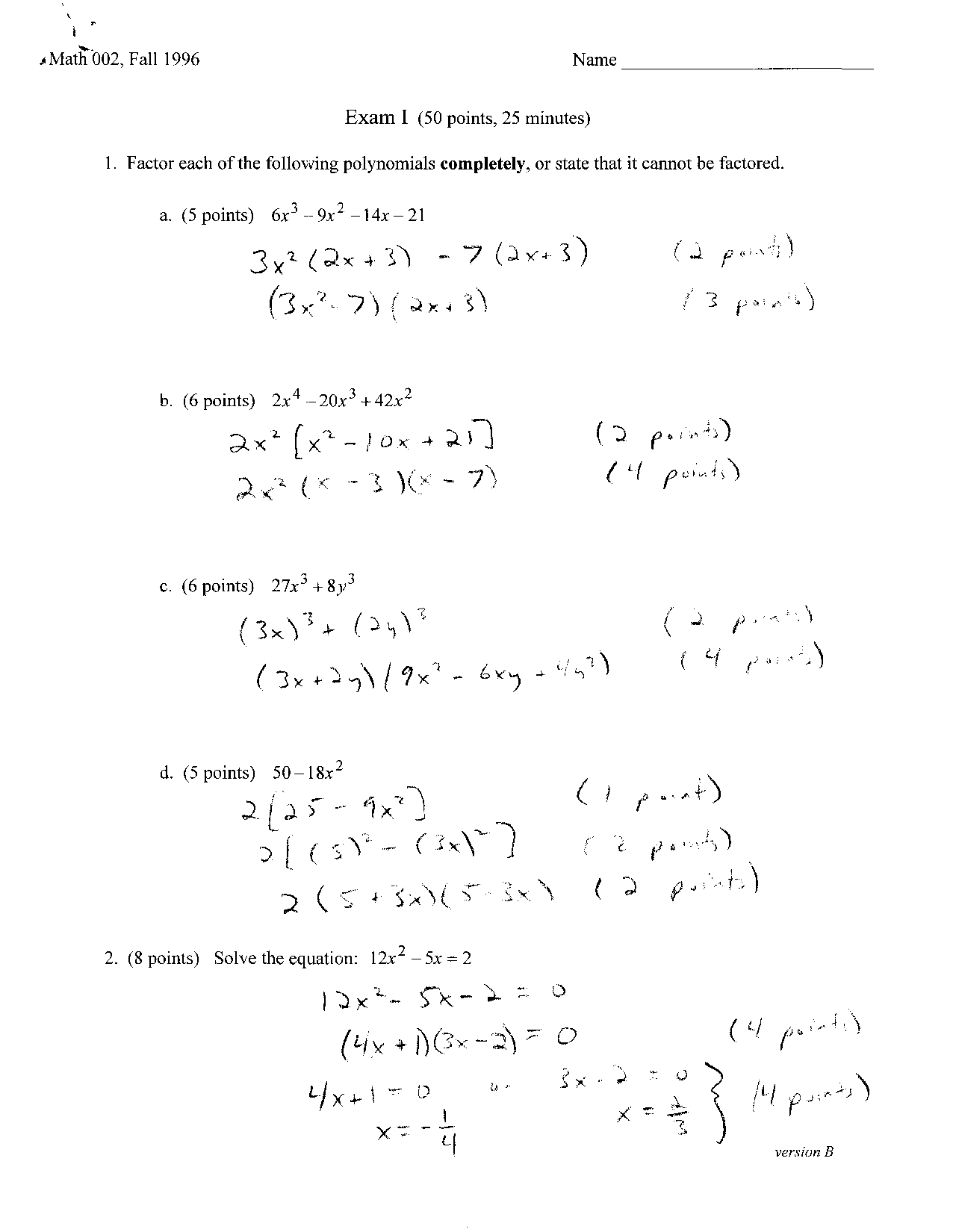 Exam 1 With Solution Developmental Mathematics Fall 1996 Math 003