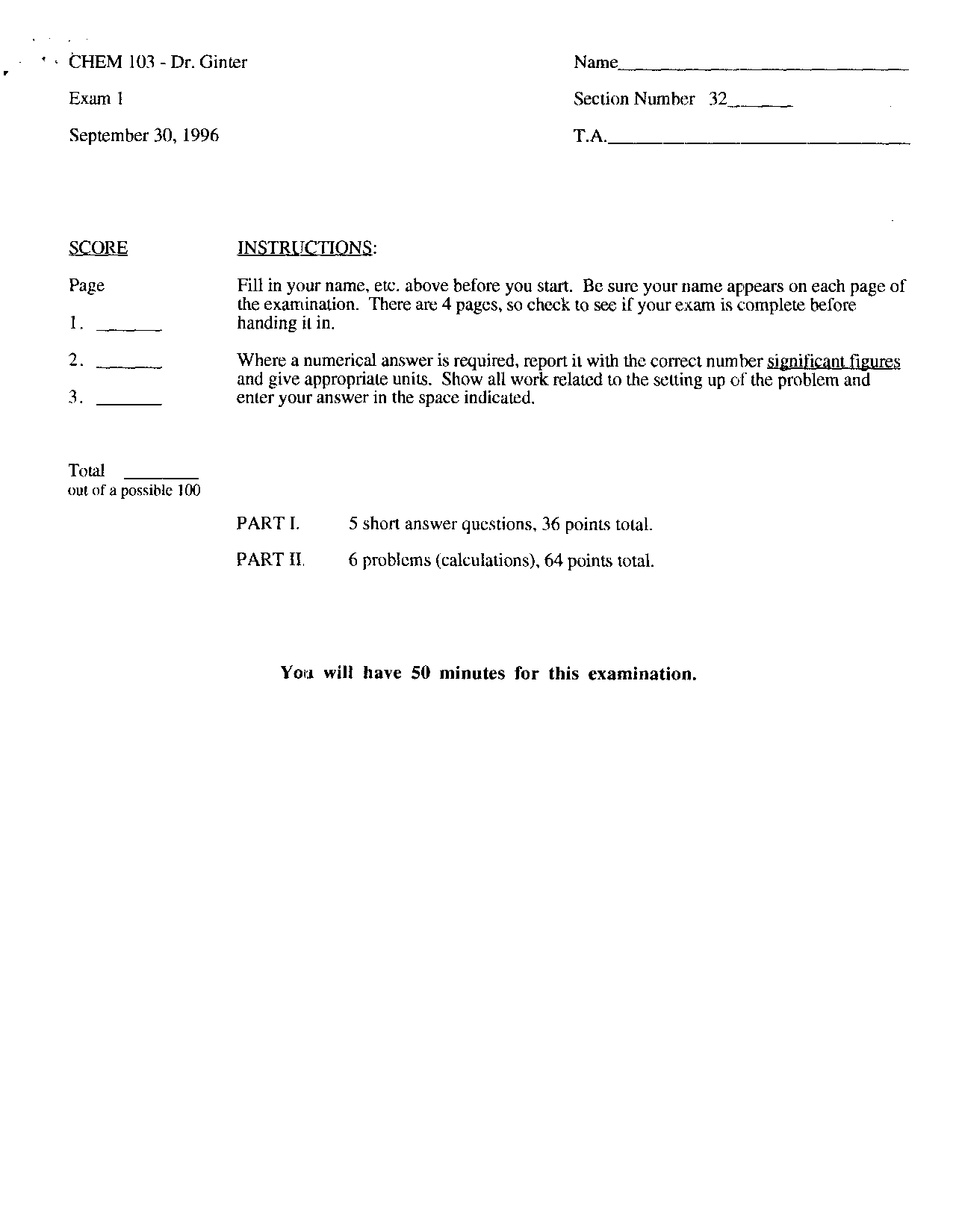 Questions Exam 1 Chemistry Fundamentals I Chem 131 Docsity