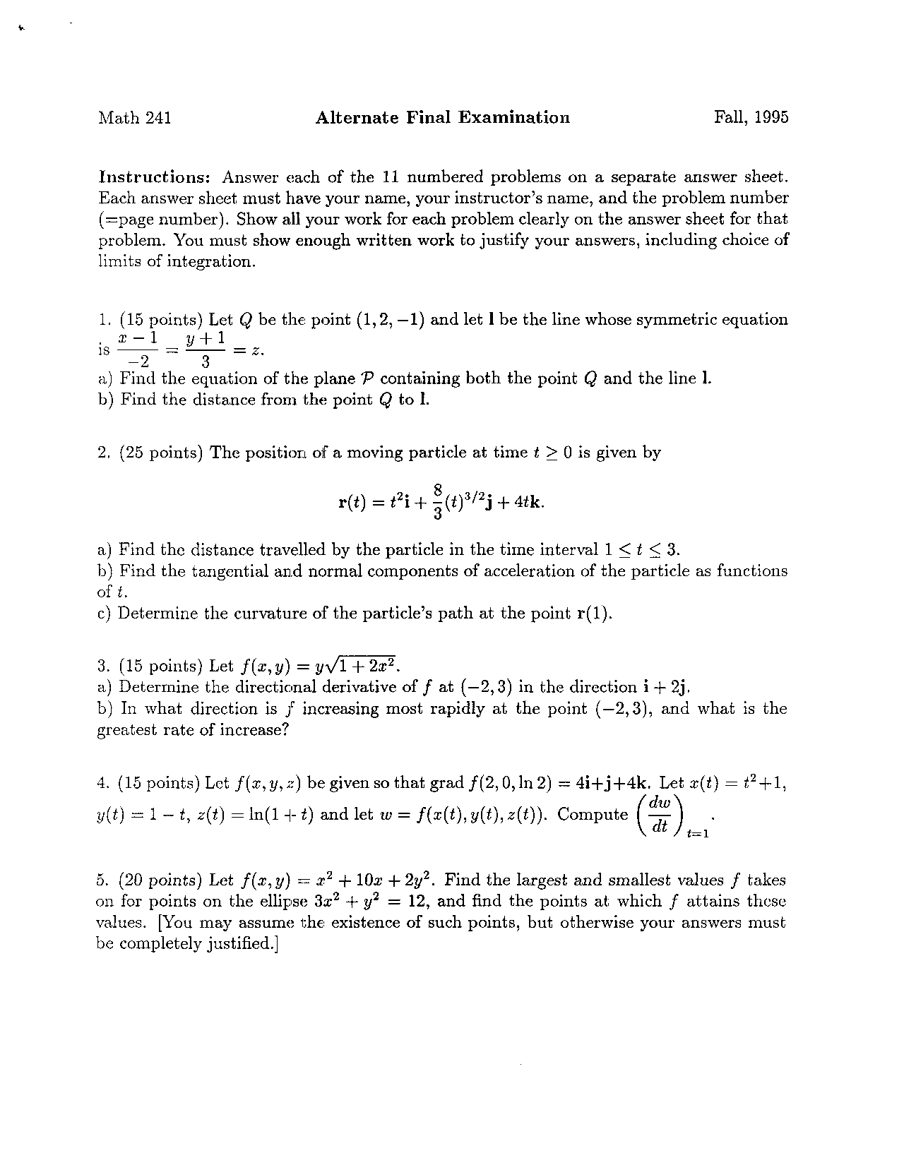 Final Exam Alternate Calculus Iii Fall 1995 Math 241 Docsity