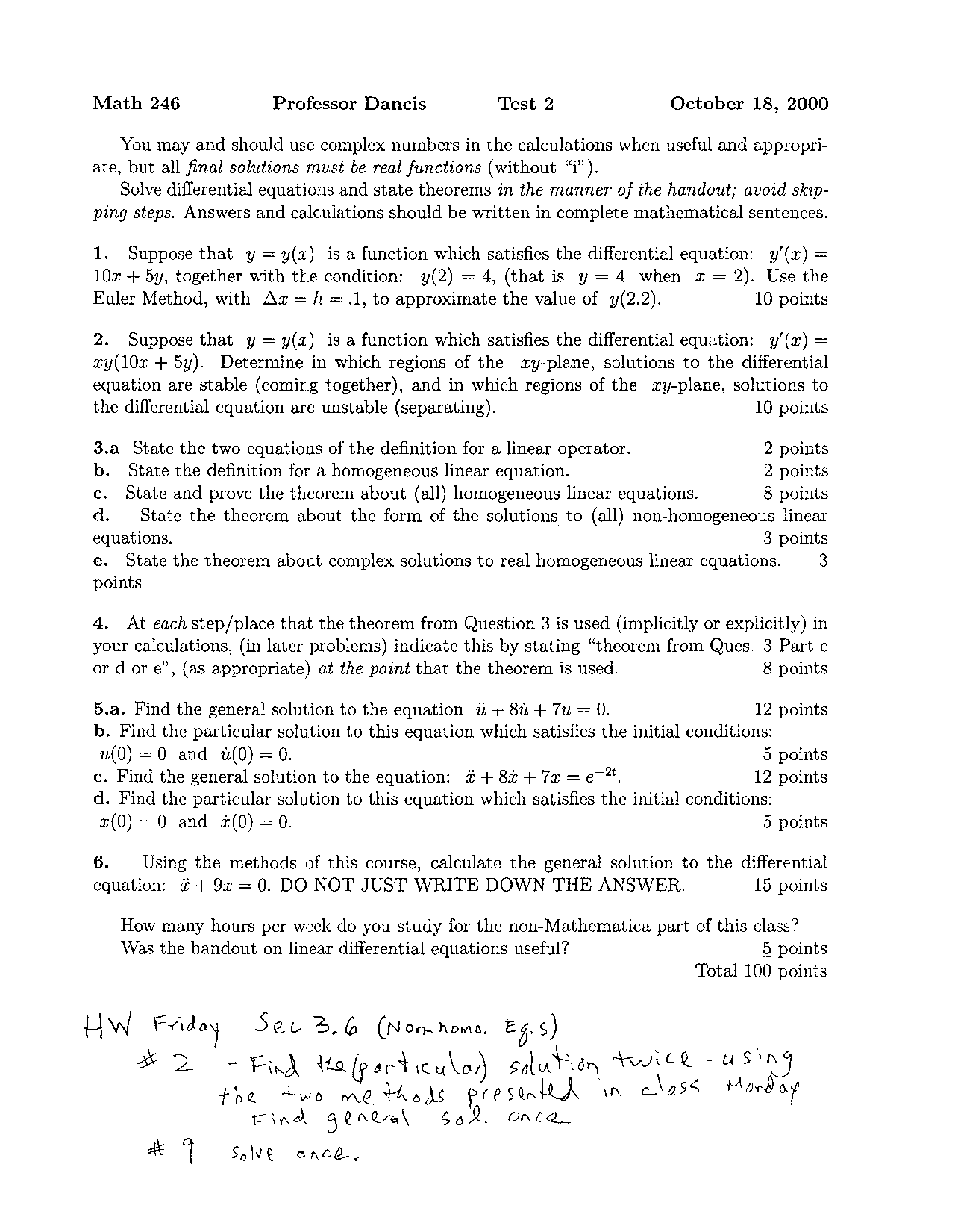 Test 2 Questions On Differential Equations For Scientist And Engineers