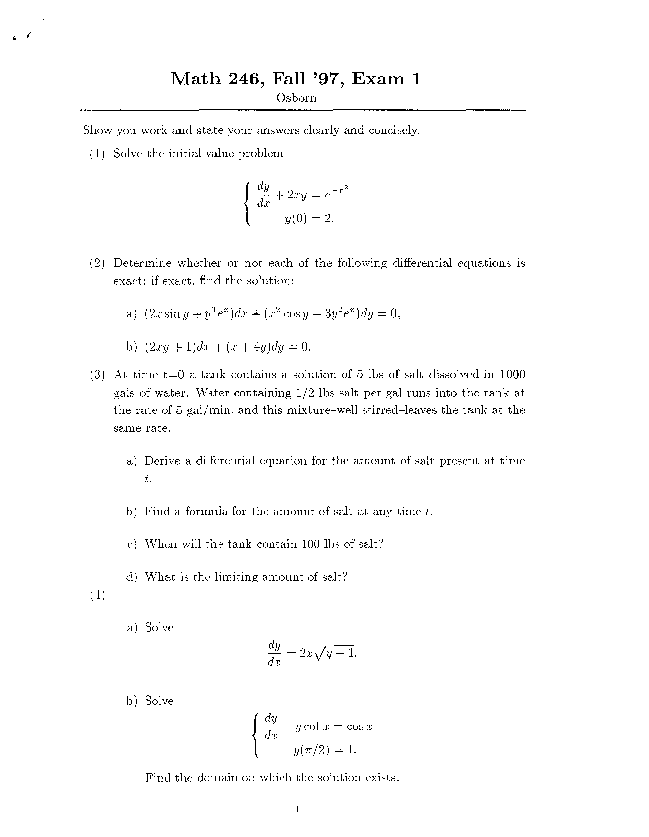 Exam 1 Questions Differential Equations For Engineers And Scientists