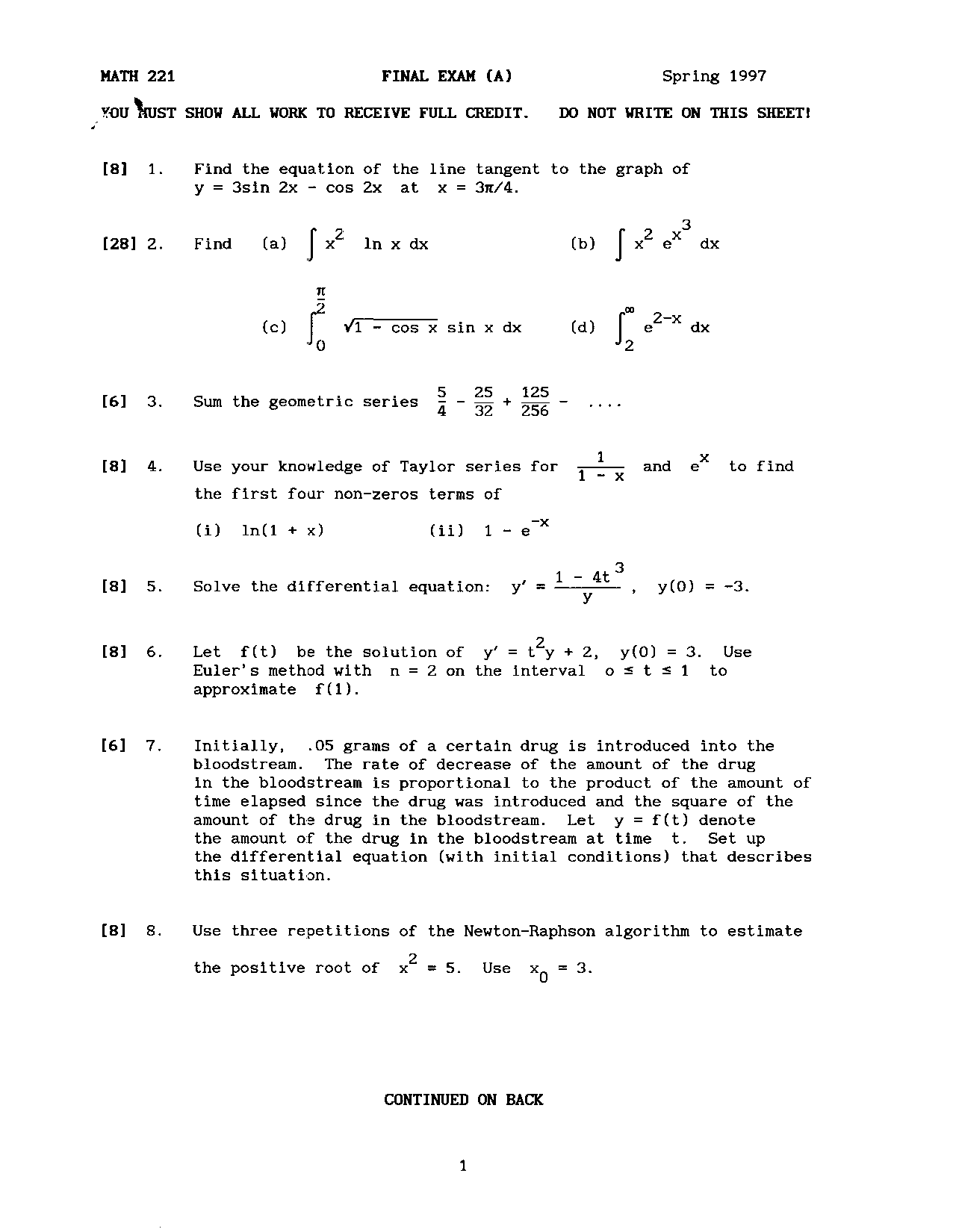 Final Exam A With 10 Questions Elementary Calculus Ii 1997 Math