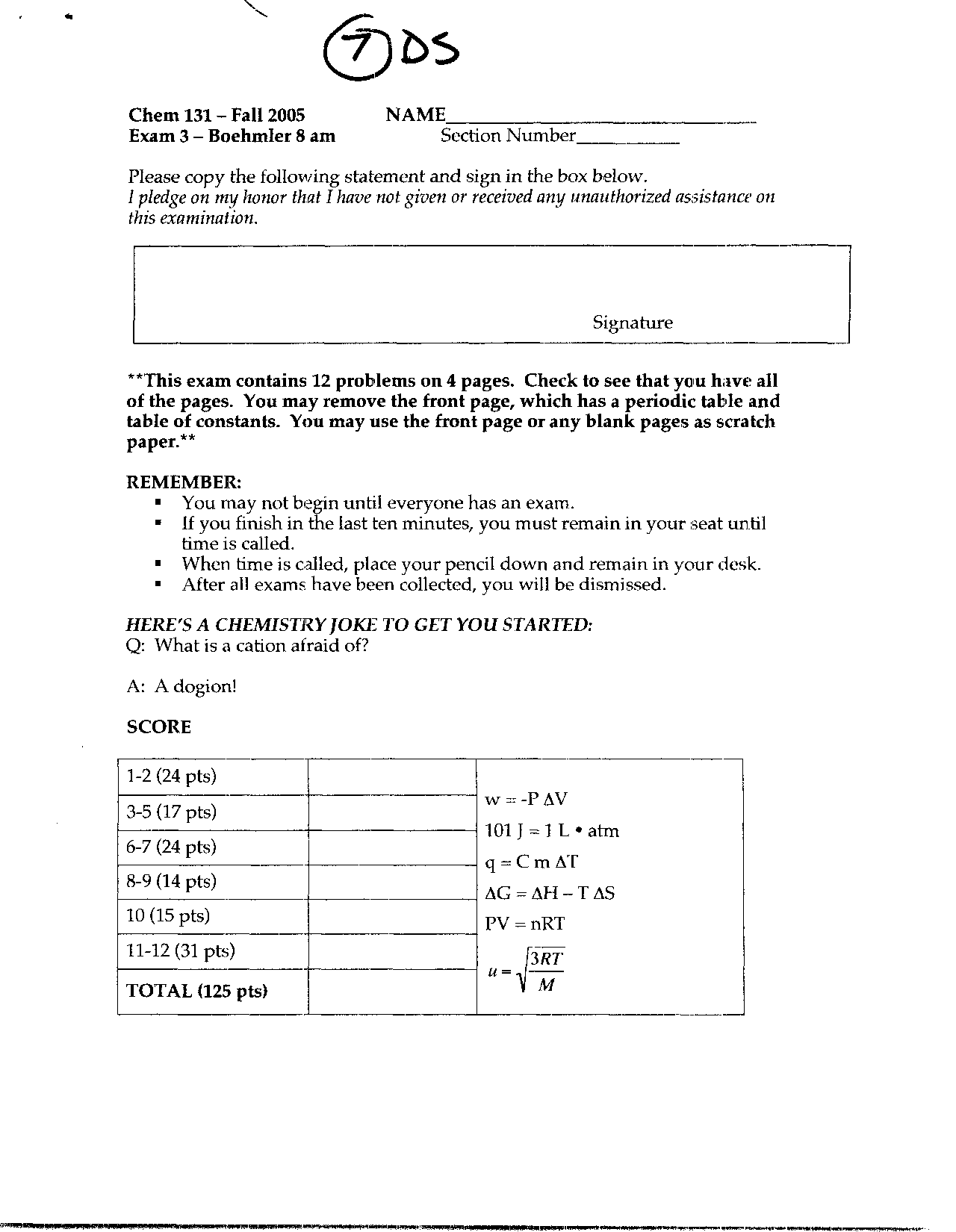 Unsolved Exam 3 Chemistry Fundamentals I Chem 131 Docsity