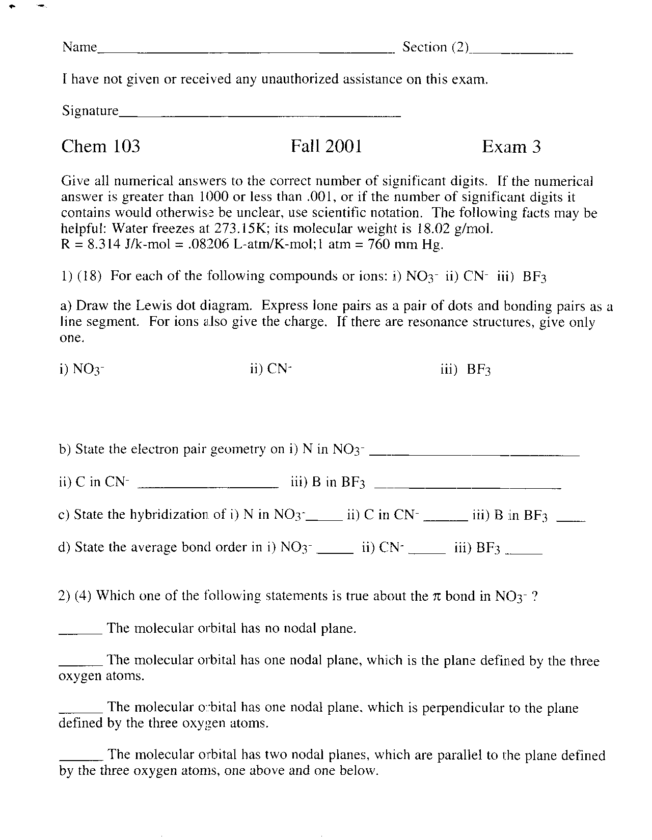 Exam 3 with 10 Questions - Chemistry Fundamentals I - Fall 2001 | CHEM ...