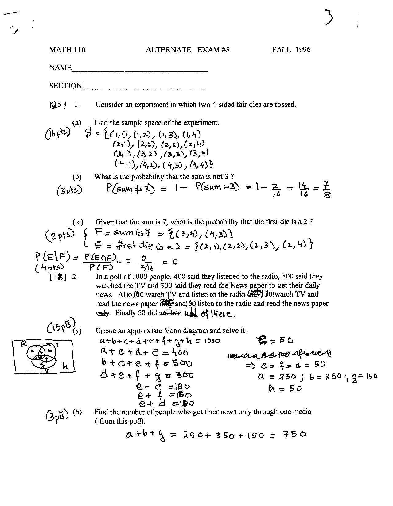 Solutions For Alternate Exam 3 Elements Of Mathematical Models Math