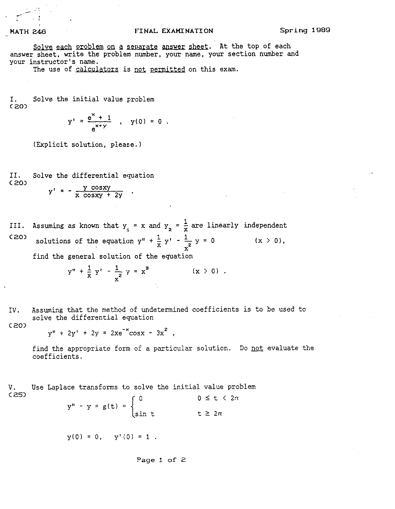 Differential Equations For Engineers And Scientists Final Exam Questions Math 246 Docsity