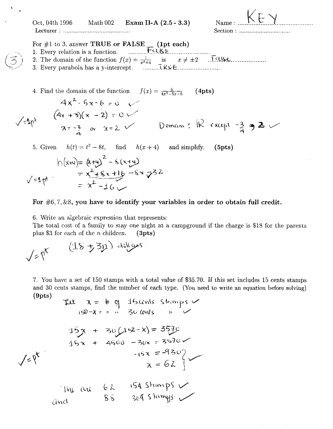 Exam 2 With Answer Key Developmental Mathematics Math 003 Docsity