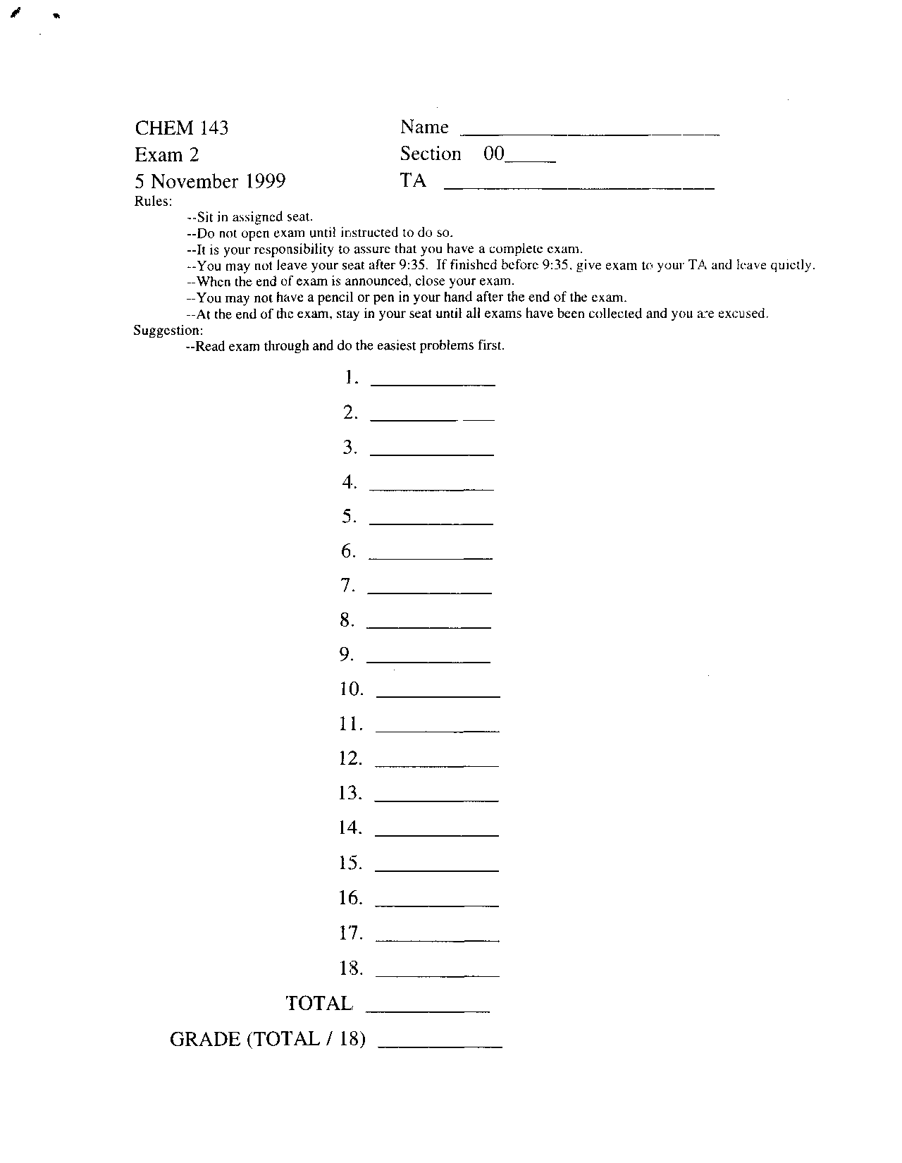Exam 2 Chemistry Fundamentals I Chem 131 Docsity