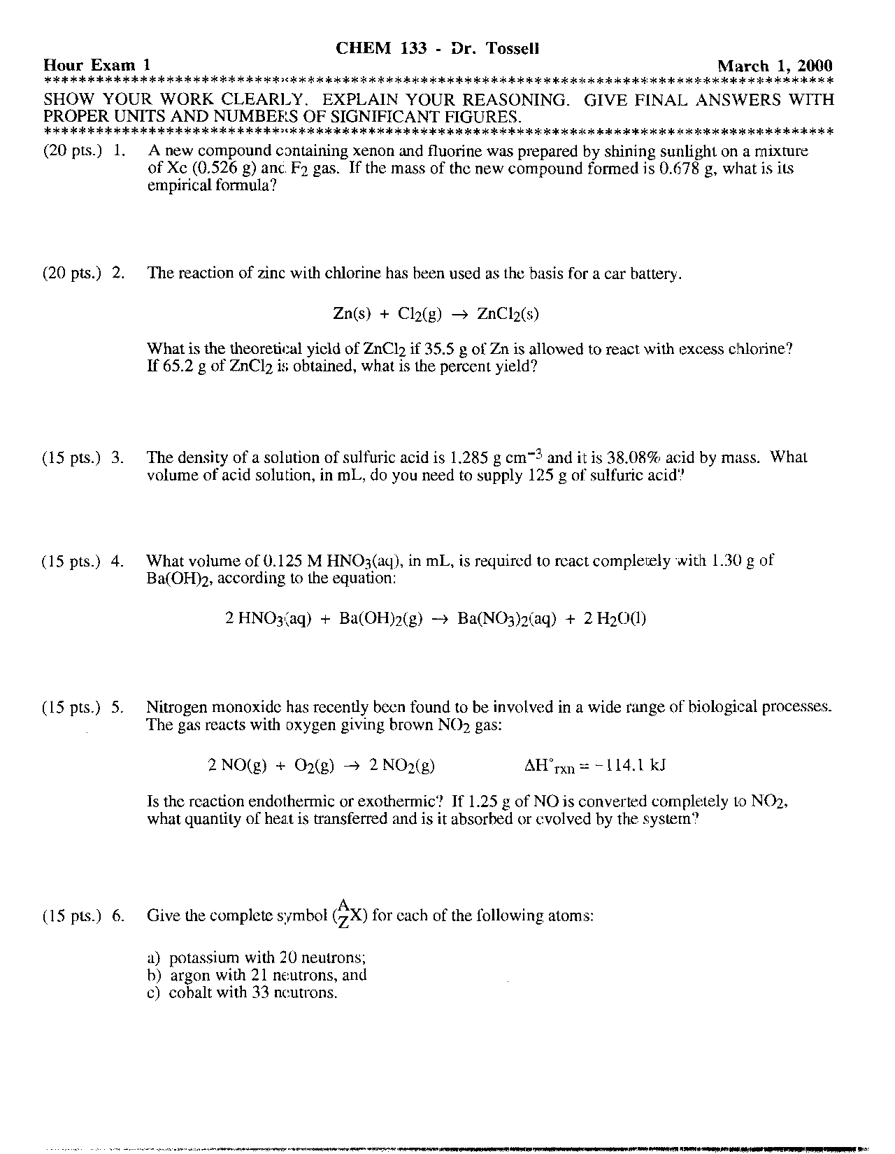 Unsolved Exam 1 General Chemistry For Engineers Chem 135 Docsity
