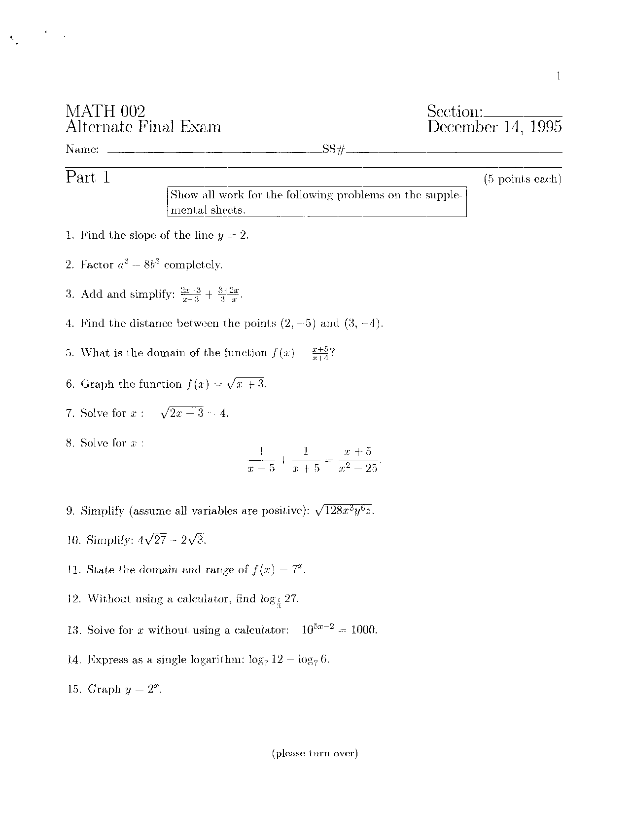 Alternate Final Exam Questions with Solutions - Development Mathematics ...