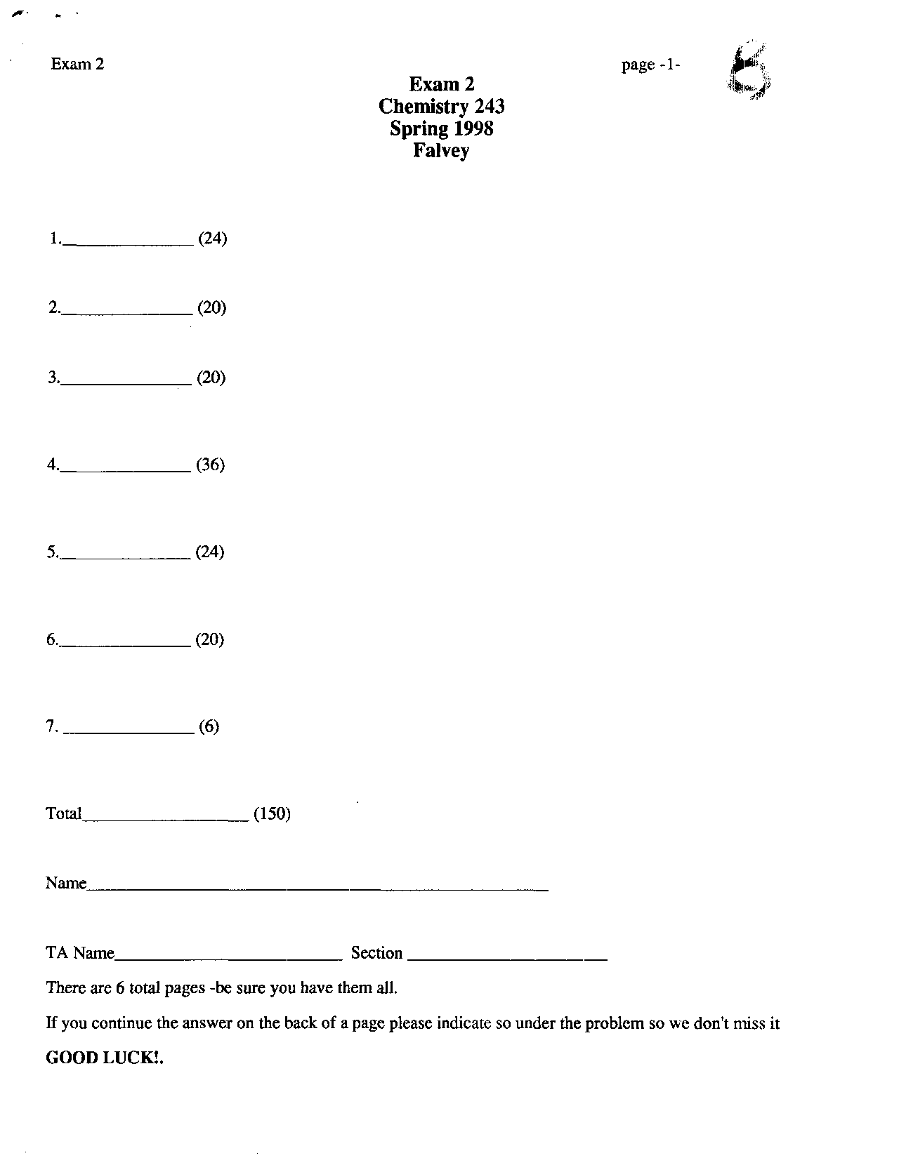 Exam 3 Problems Organic Chemistry Ii Spring 1998 Chem 241 Docsity