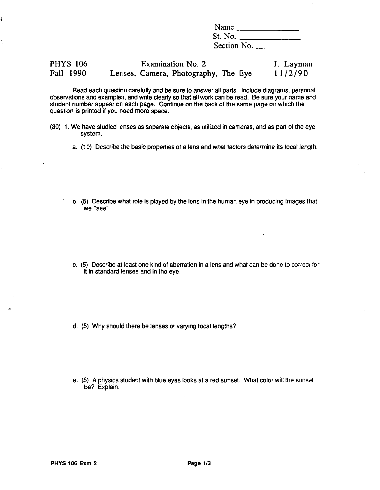 Exam 2 With 2 Questions Light Perception Phenomenon Phys 106 Docsity