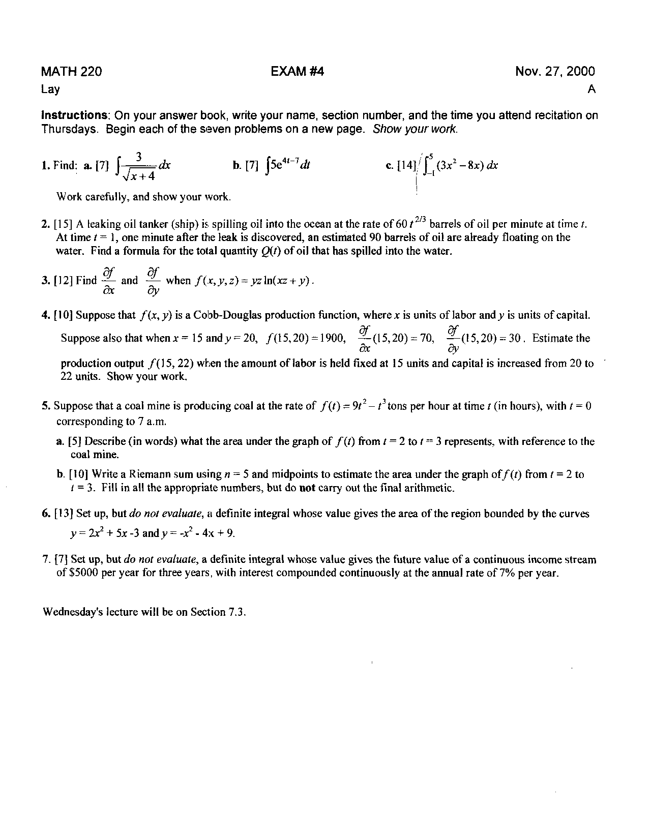 7 Questions Of Elementary Calculus I Exam 4 Math 220 Docsity