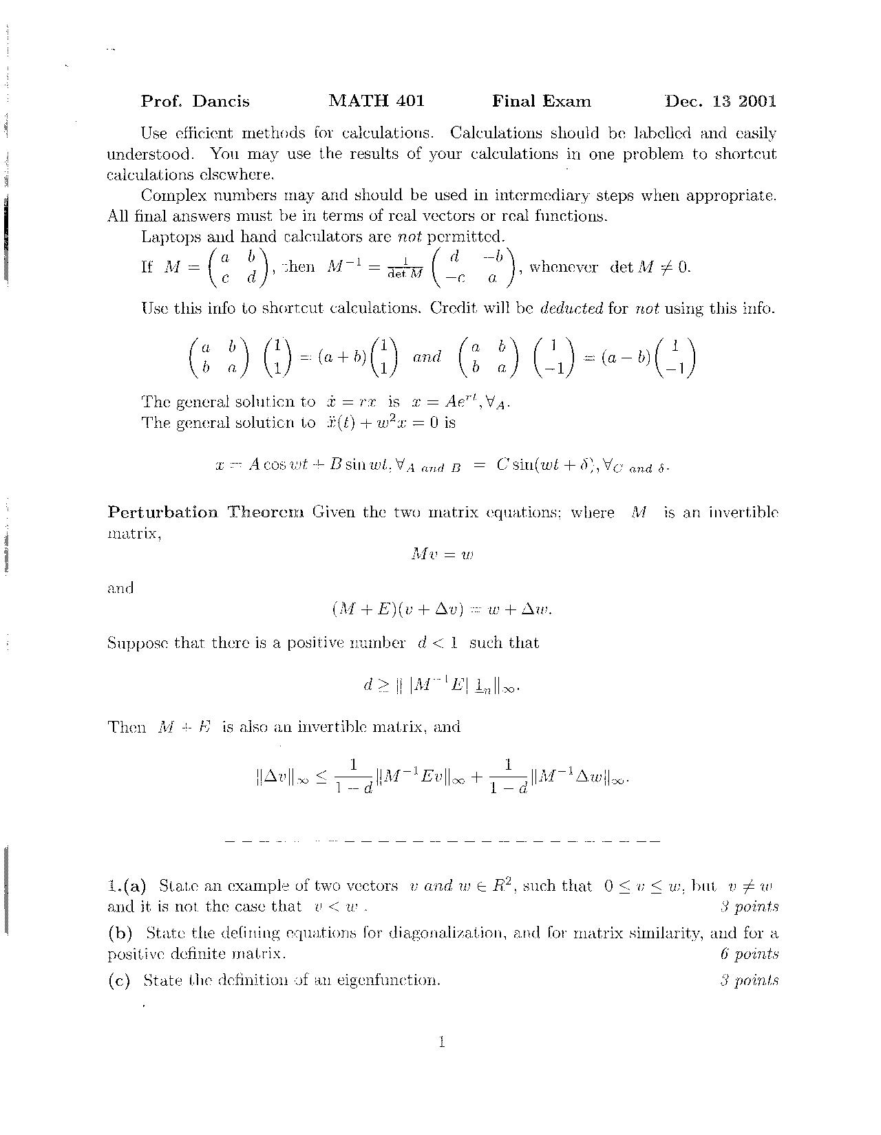 9 Questions For Final Exam Applications Of Linear Algebra Math 401