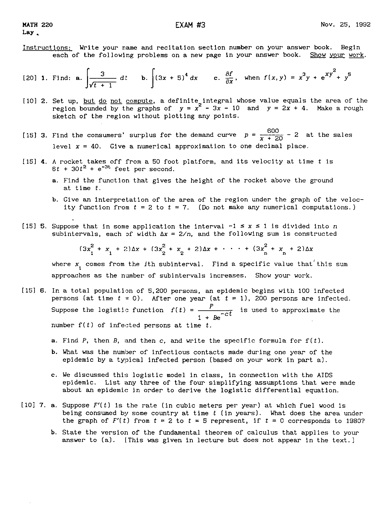 Exam 3 Elementary Calculus I Fall 1992 Math 220 Docsity