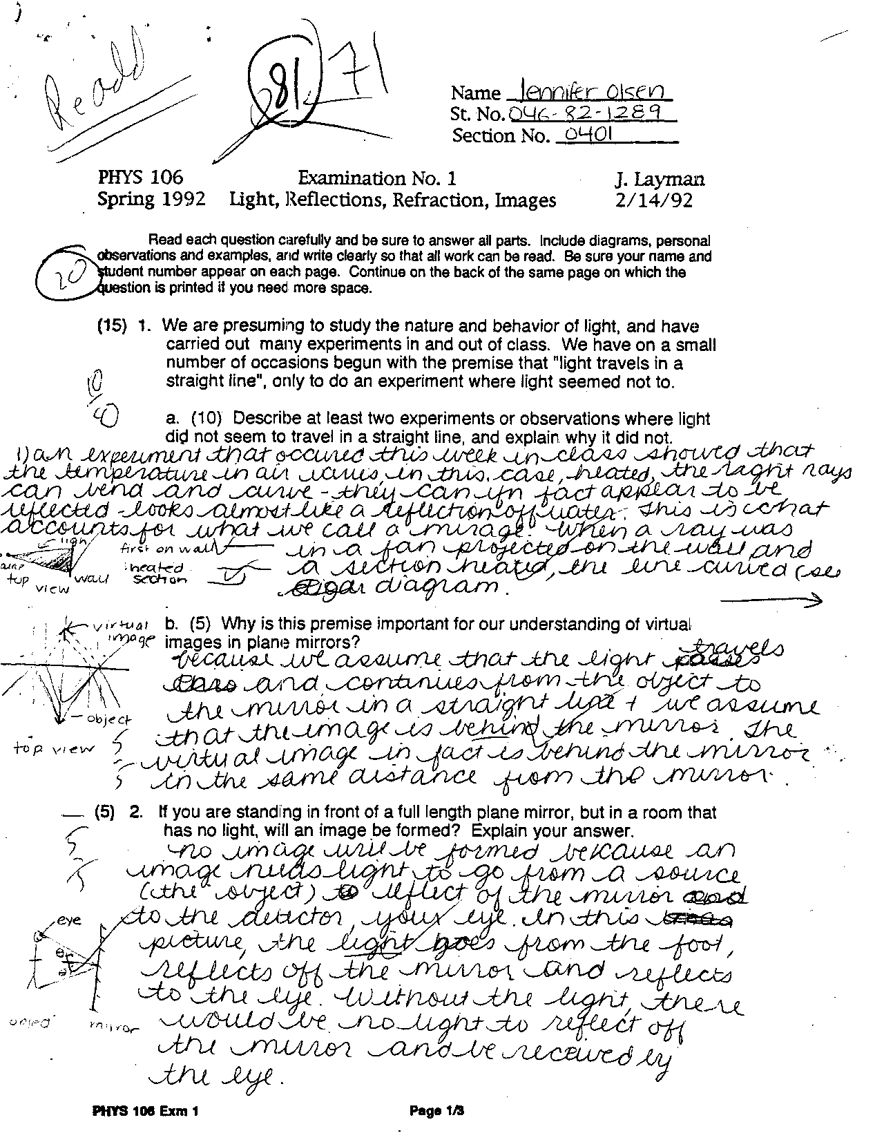 Examination 1 With Solution Light Perception Phenomenon Phys 106