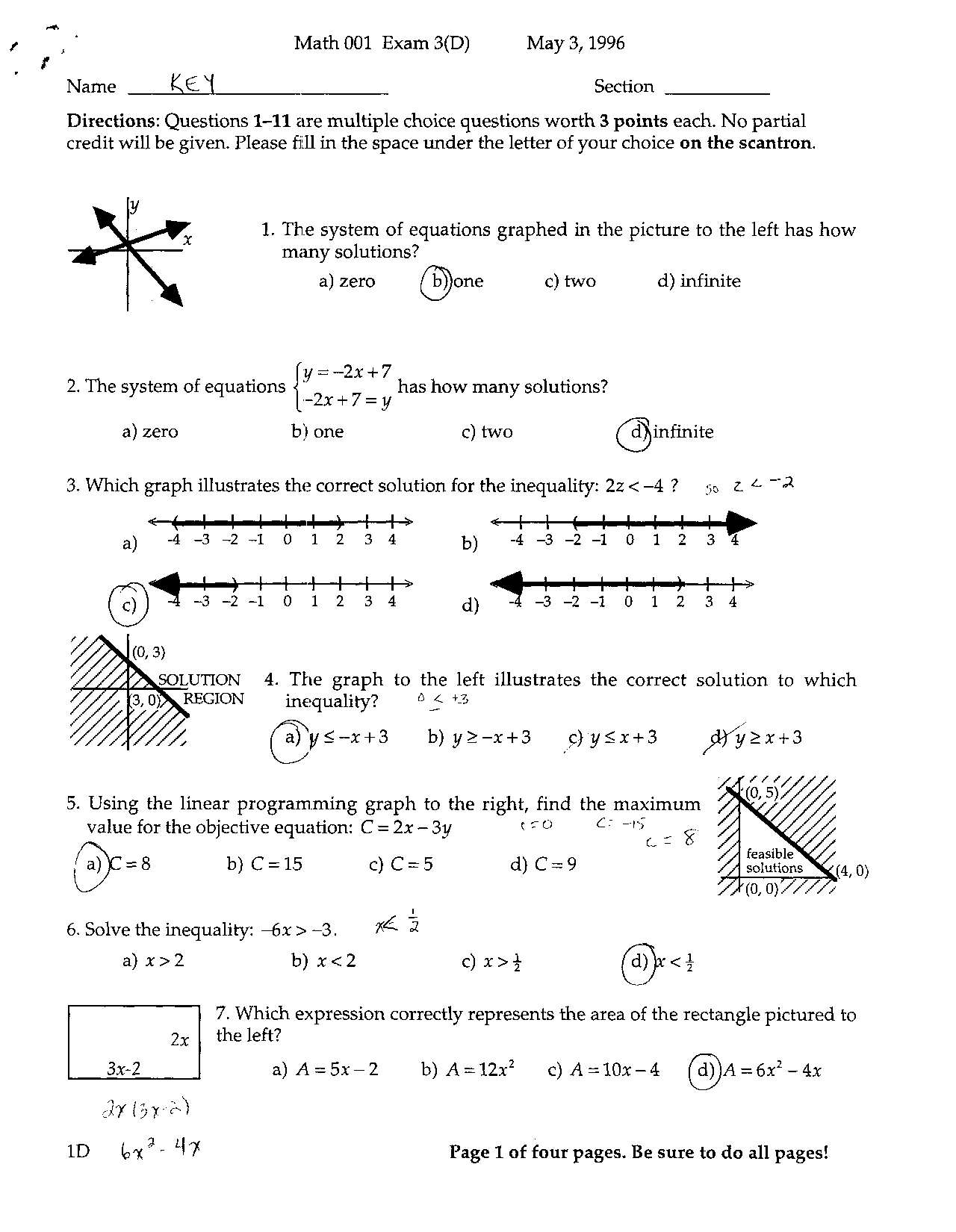 Exam 3d With Answer Key Development Through Life Math 003 Docsity