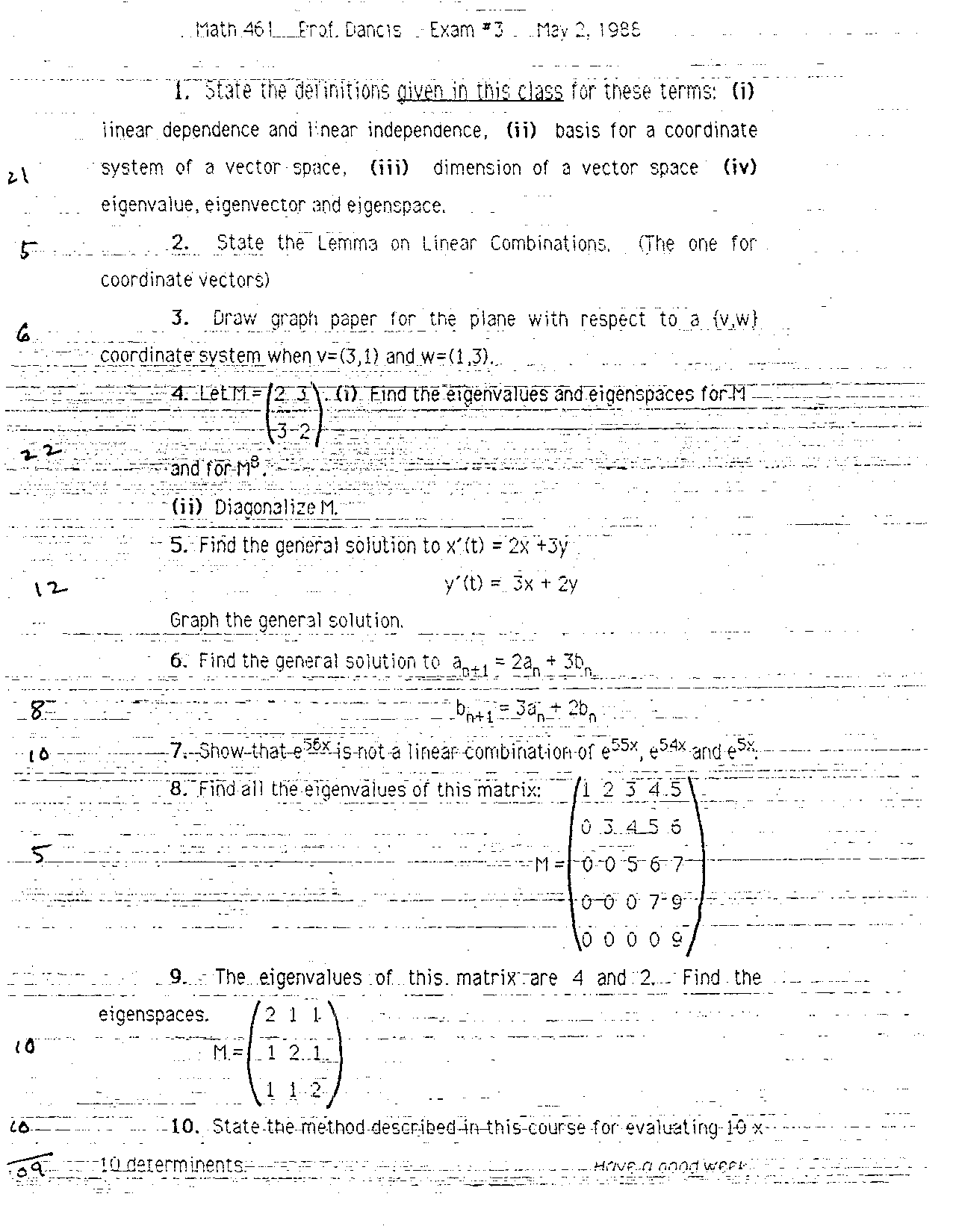 10 Questions For Exam 3 Linear Algebra Math 461 Docsity
