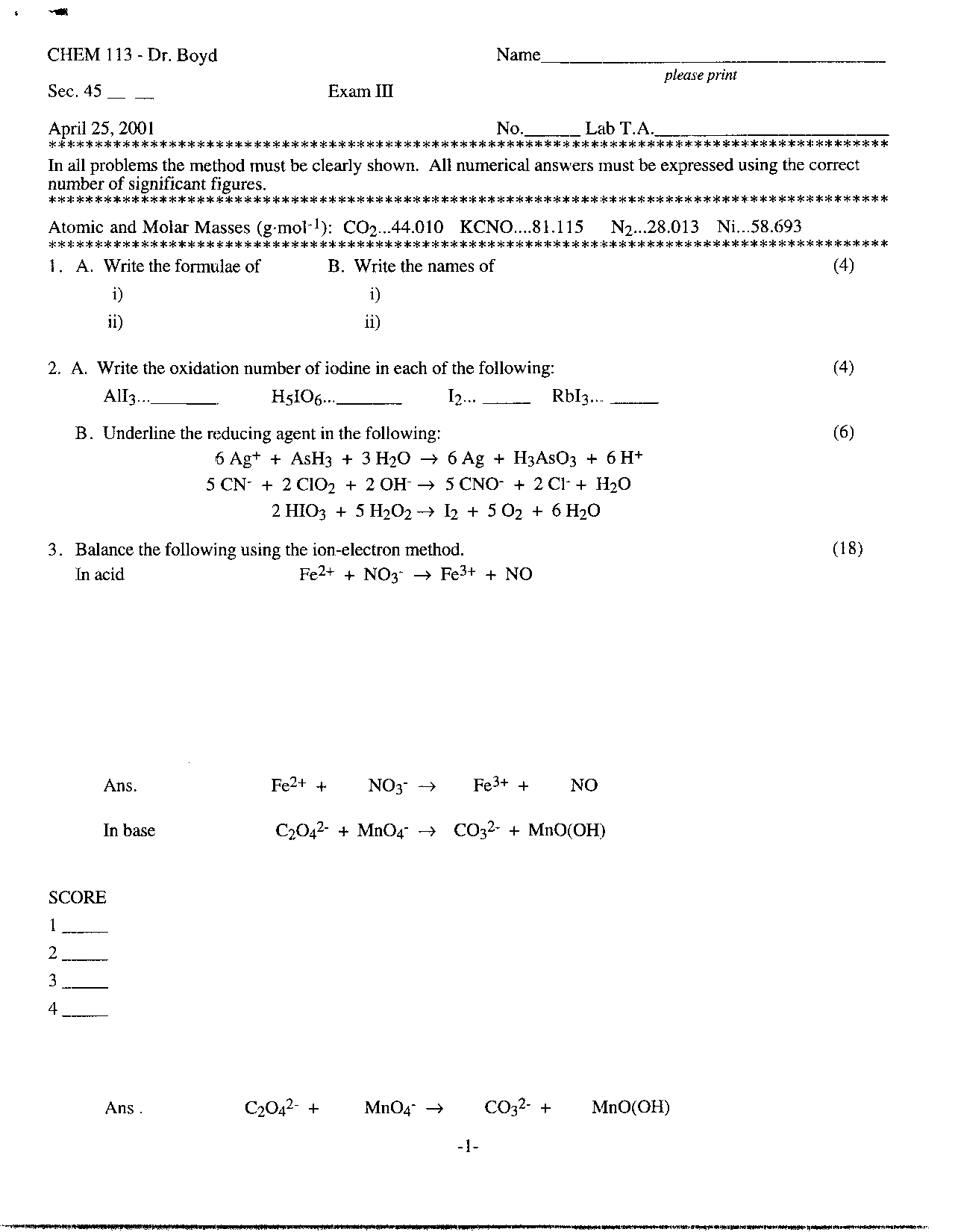 Exam 3 with 11 Questions - Chemistry Fundamentals II – 2001 | CHEM 271 ...