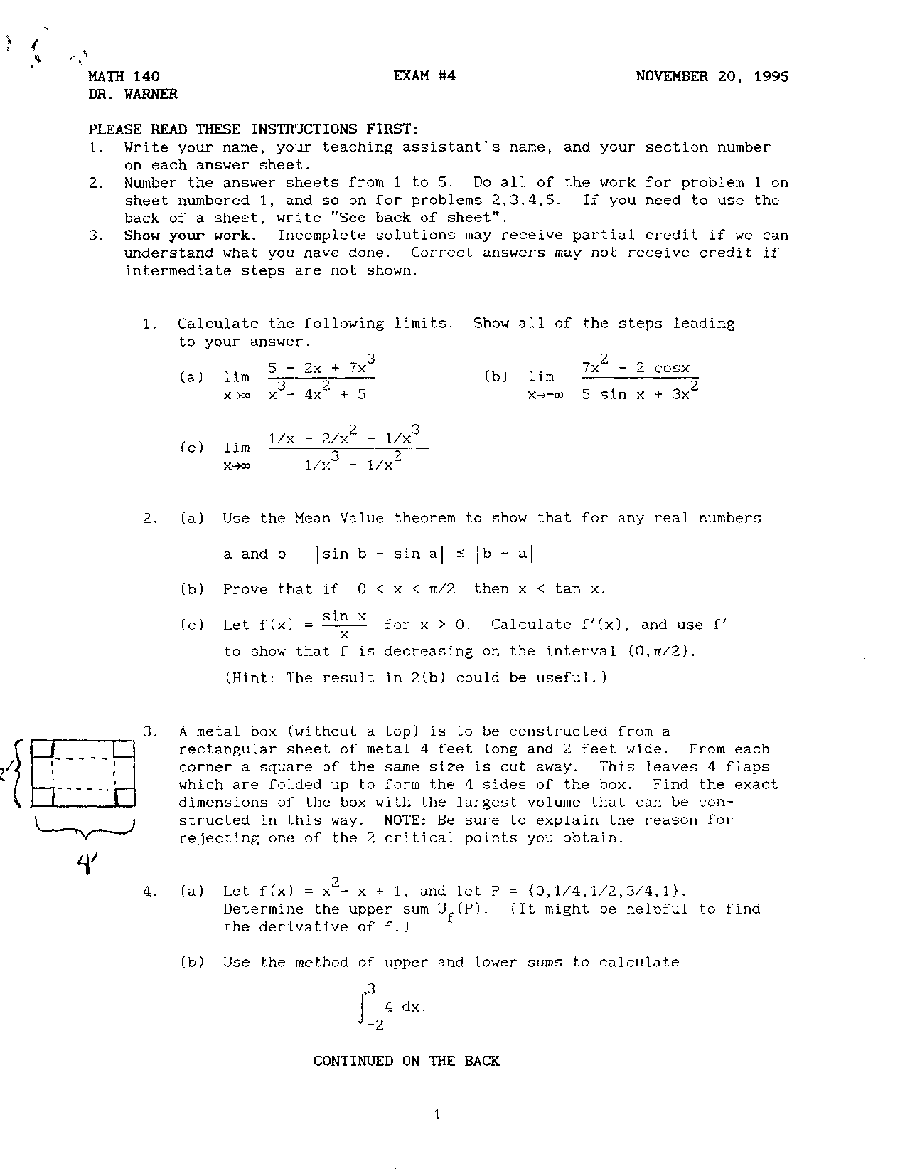 Calculus I Past Exam 4 Problems Math 140 Docsity